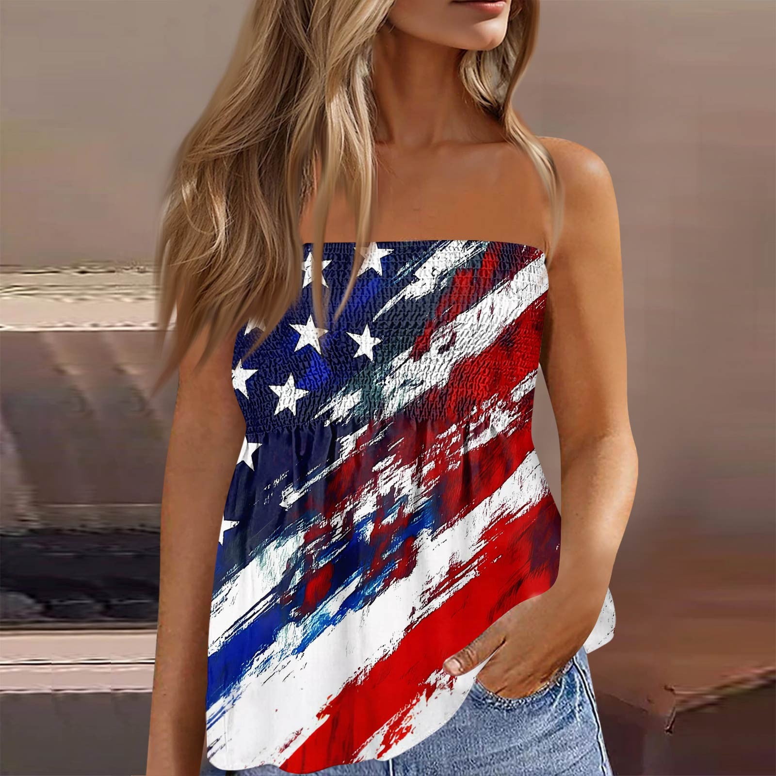 American Flag Strapless Bandeau Tank Women 4th of July Sleeveless ...