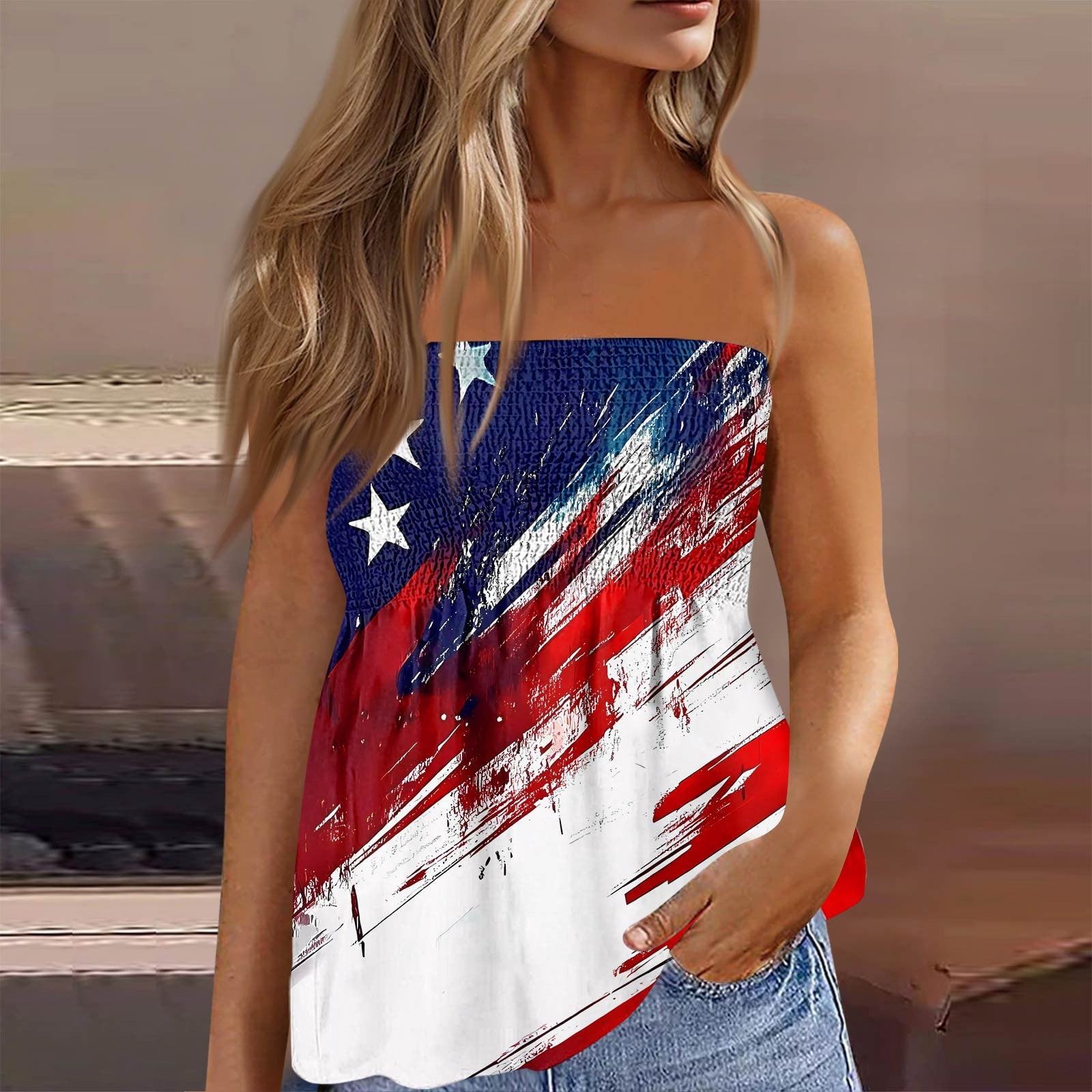 American Flag Strapless Bandeau Tank Women 4th of July Sleeveless ...