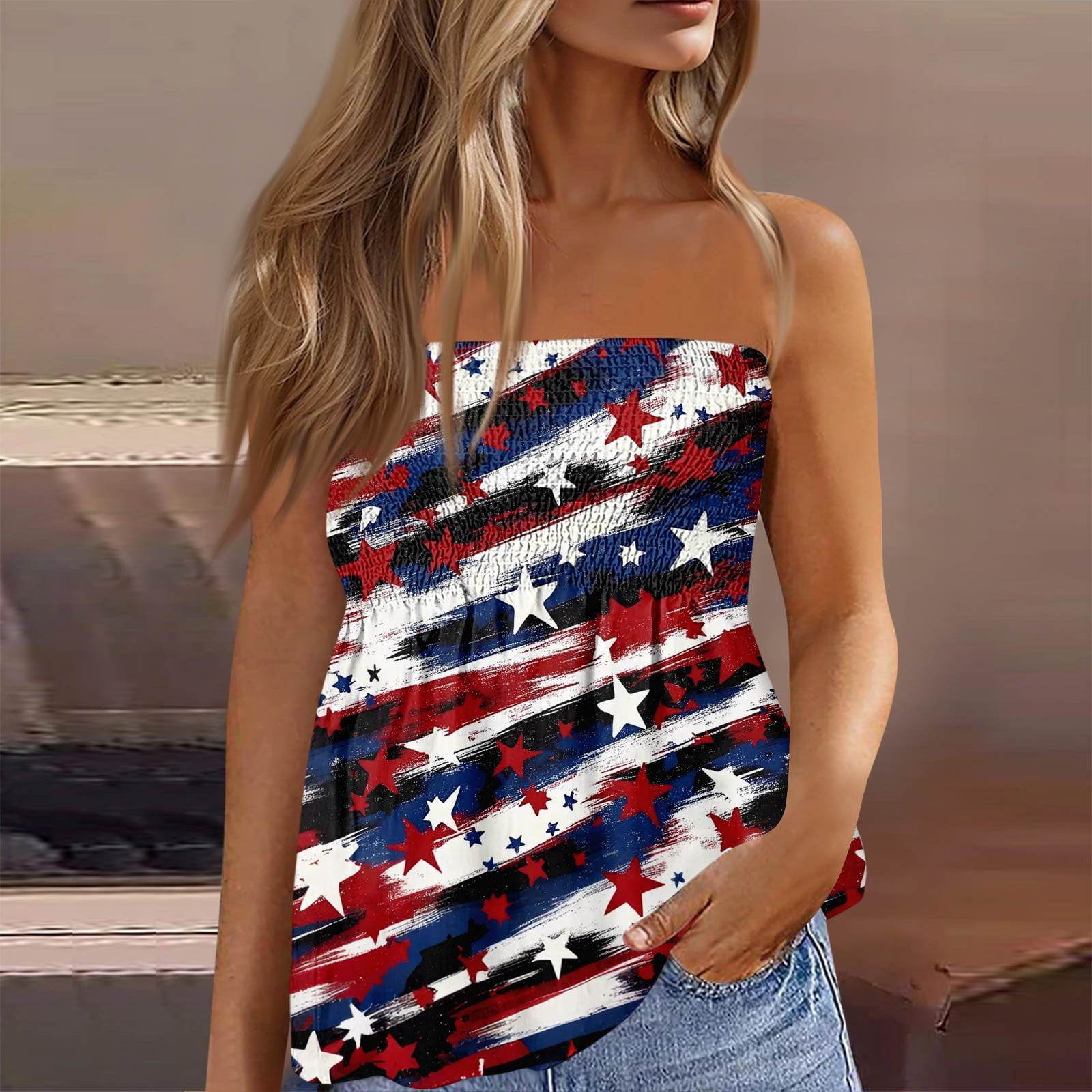 American Flag Strapless Bandeau Tank Women 4th of July Sleeveless ...