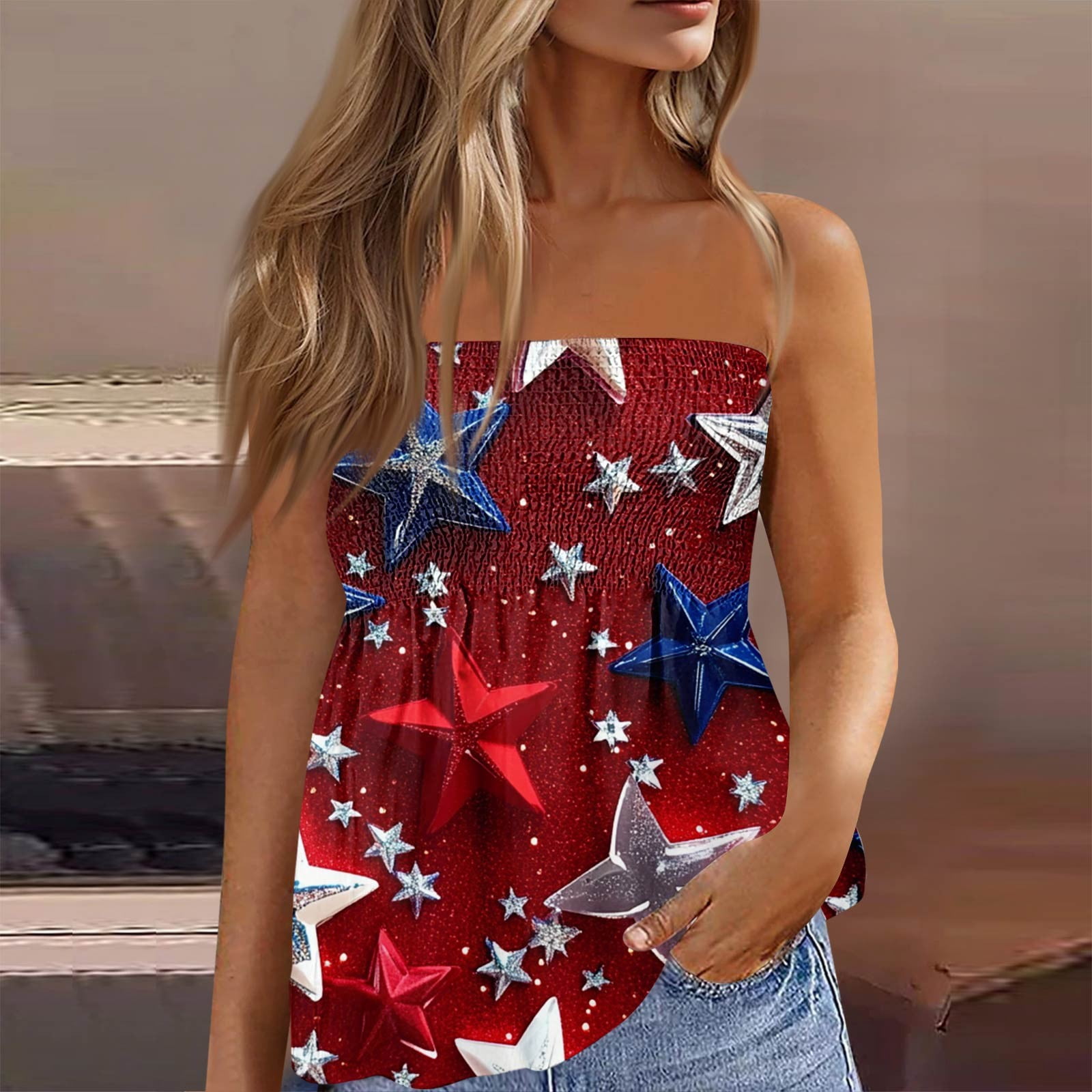American Flag Strapless Bandeau Tank Women 4th of July Sleeveless ...