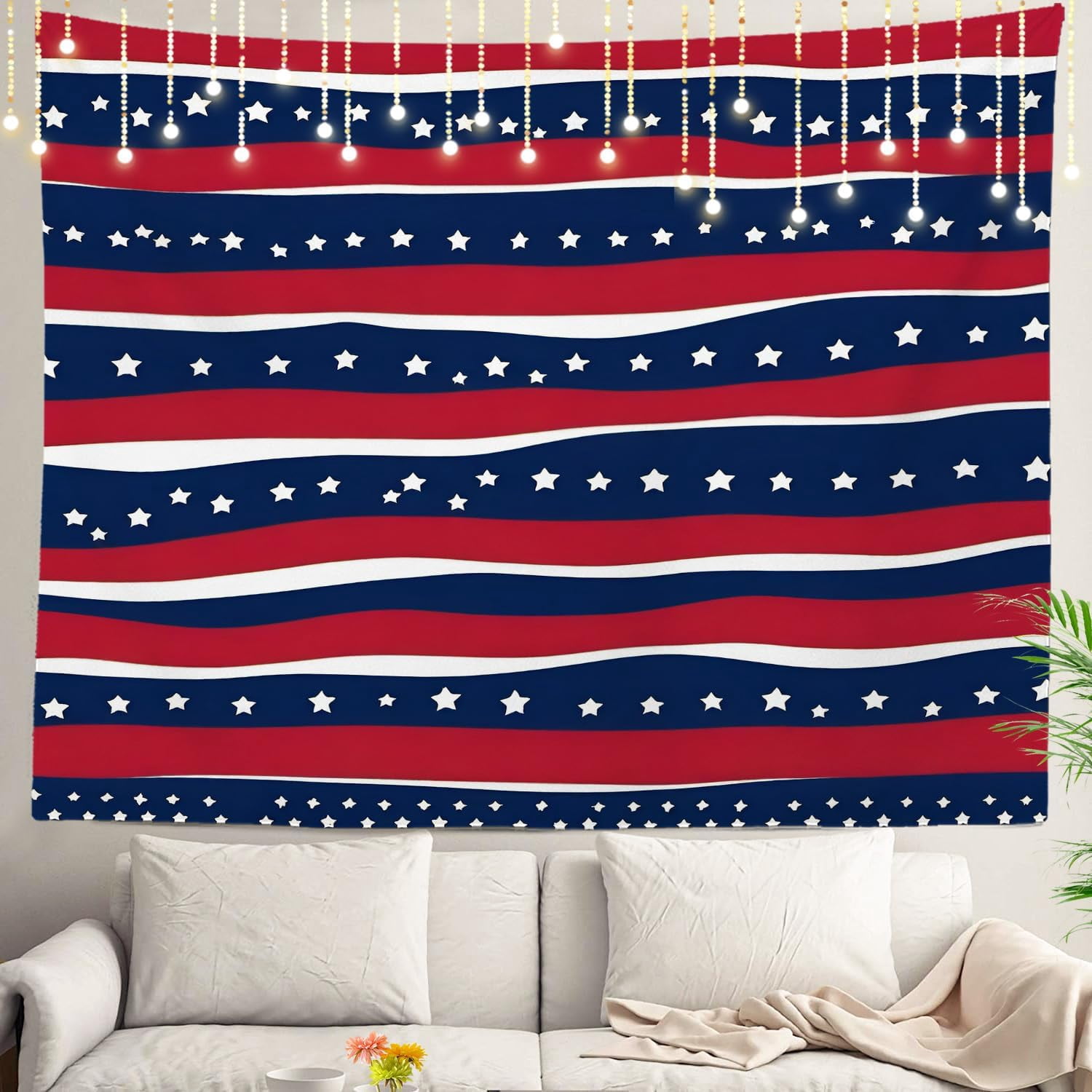 American Flag Stripes Wall Tapestry, White Stars Red Blue Lines Wall ...
