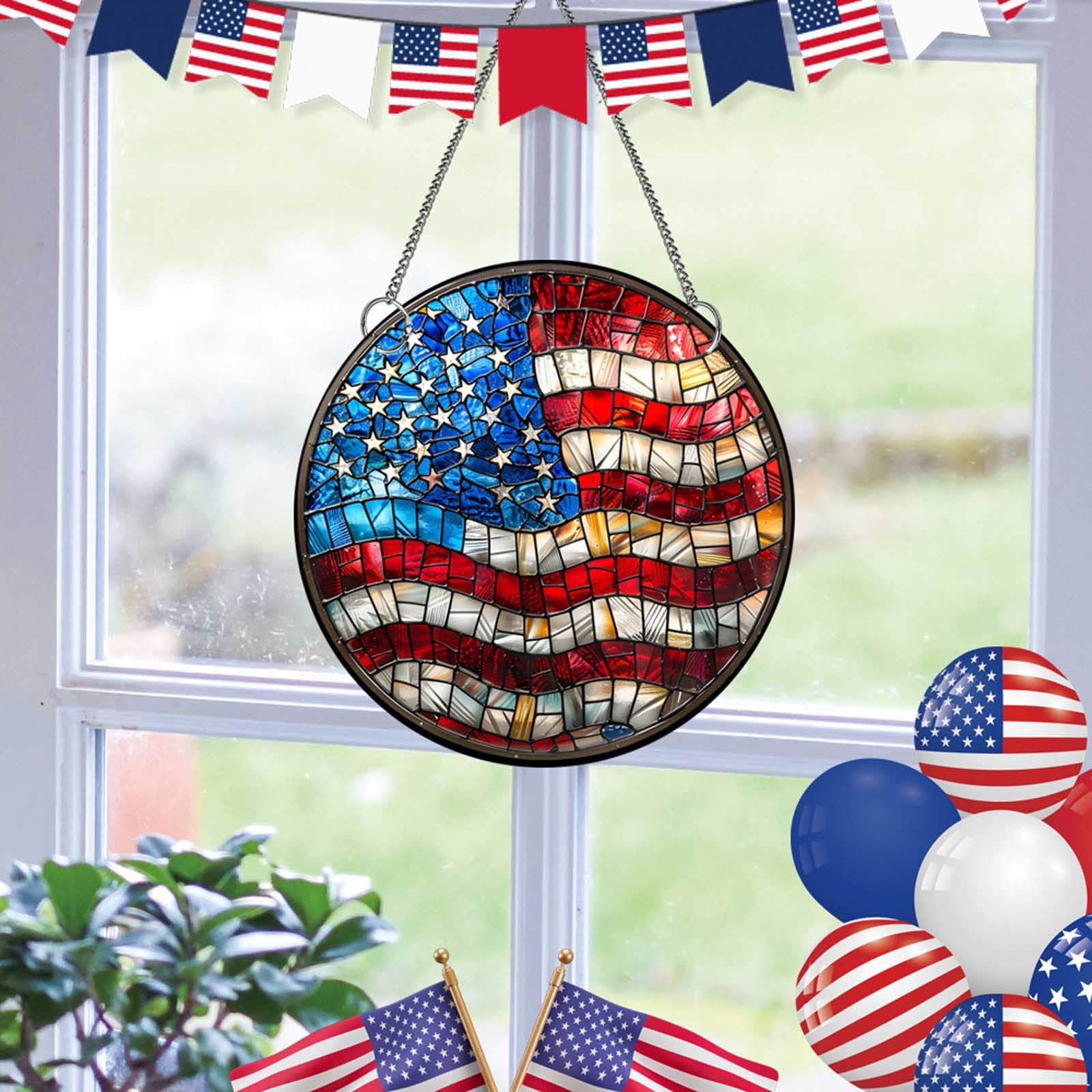 American Flag Suncatchers for Windows Hanging, Imitation Stained Glass Suncatcher with Chain ...