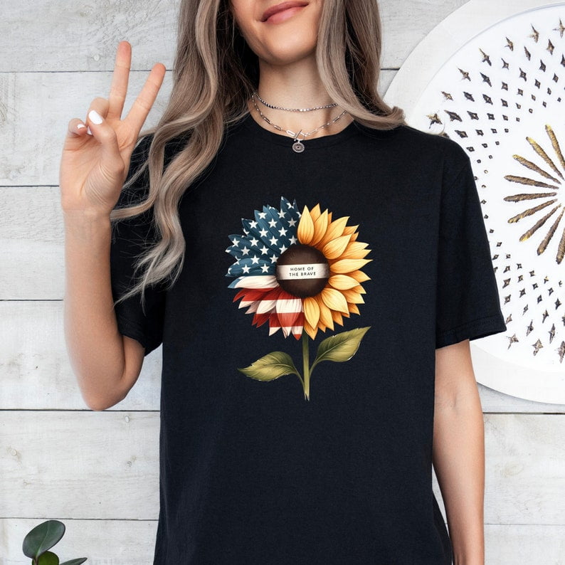 American Flag Sunflower Home of the Brave T-shirt, Patriotic Apparel ...