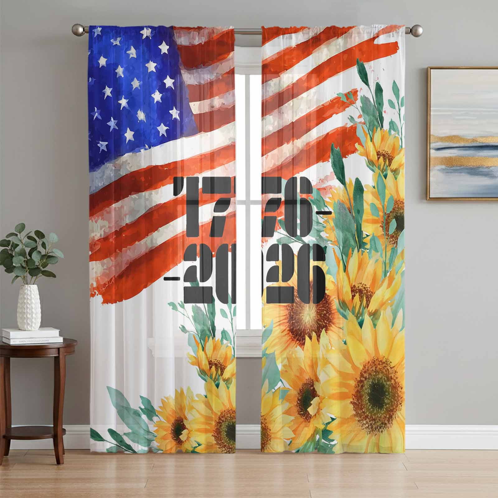 American Flag Sunflower Sheer Curtains for Living Room Bedroom 250th ...