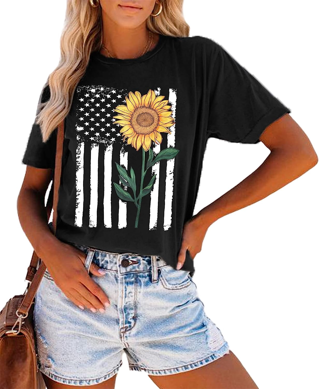 American Flag Sunflower Shirts Women's USA T Shirts Cute Sunflower ...