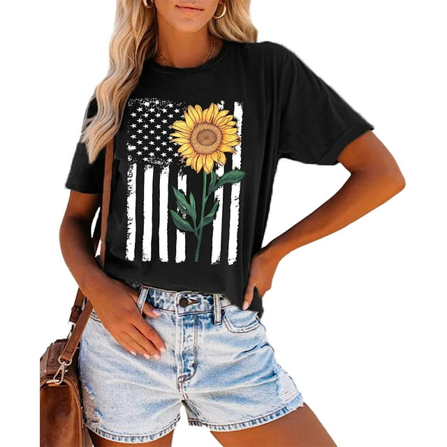 American Flag Sunflower Shirts Women's USA T Shirts Cute Sunflower ...
