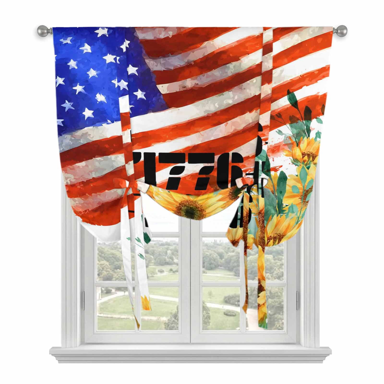 American Flag Sunflower Tie Up Curtains for Window, Thermal Insulated ...