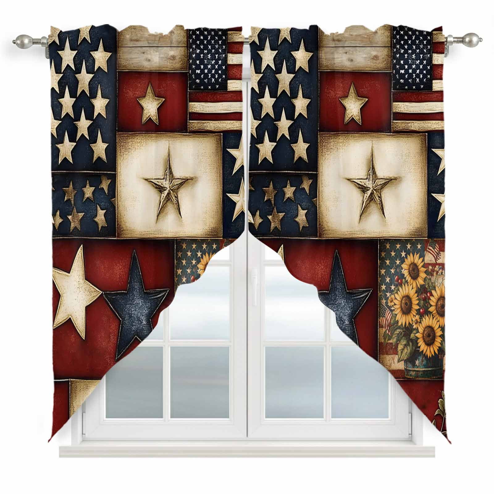 American Flag Swag Curtains Texas Star Farmhouse Sunflowers Blue Red ...