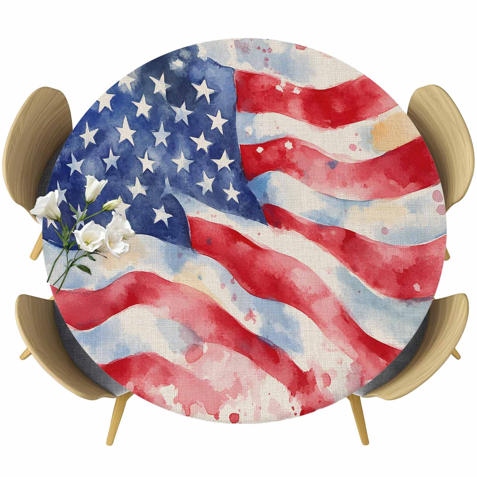 American Flag Table Cloth, Round Fitted Tablecloths with Elastic Edge ...