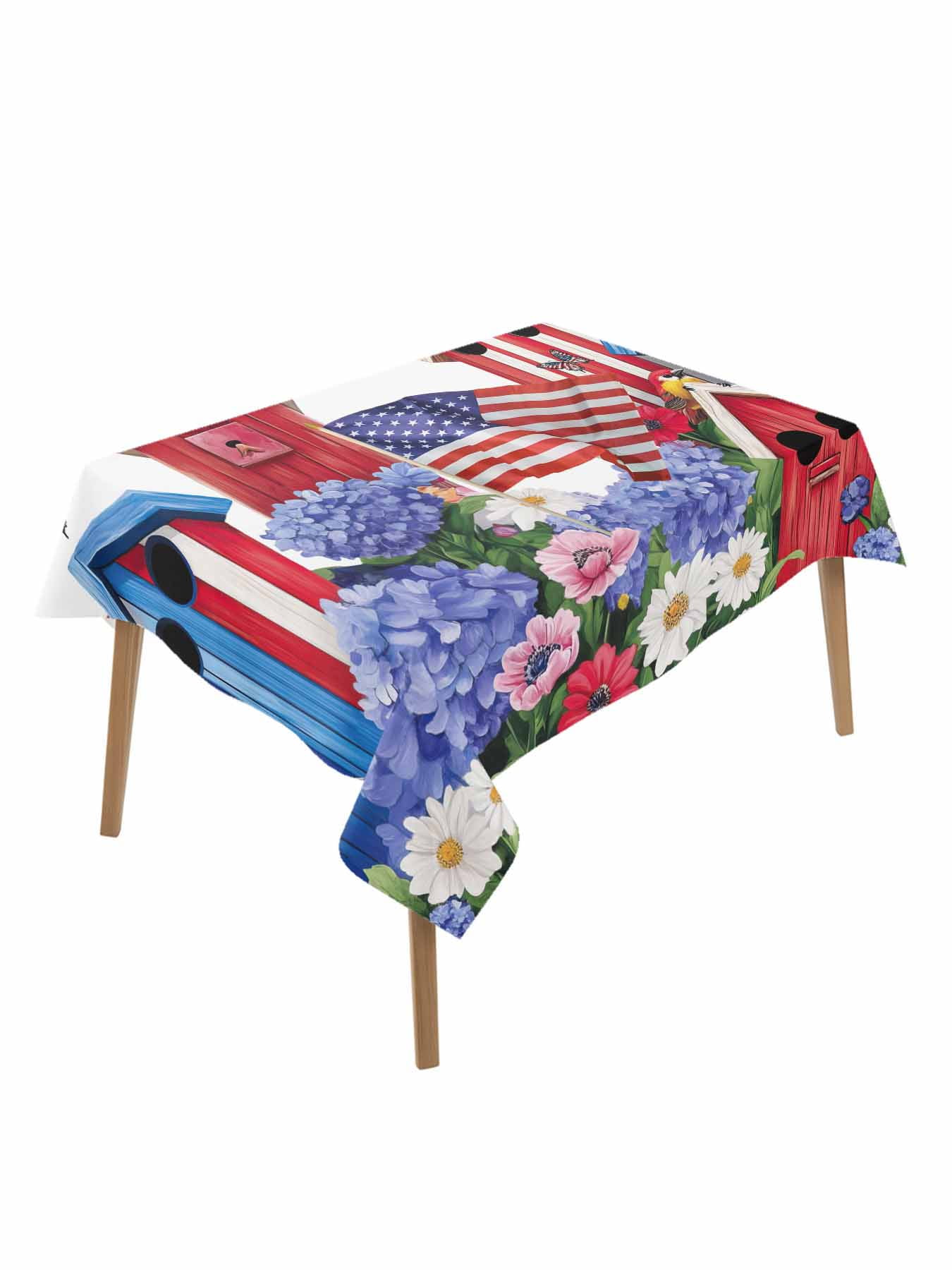 American Flag Table Cloth, Spring Garden Floral Birds House Waterproof ...