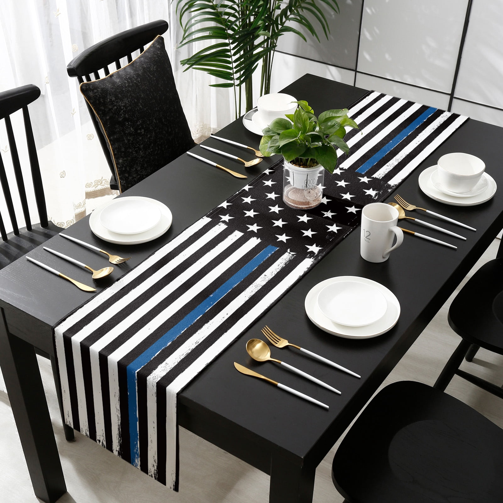 American Flag Table Runner 108 Inches Long - Shabby Blue Stripes Star ...