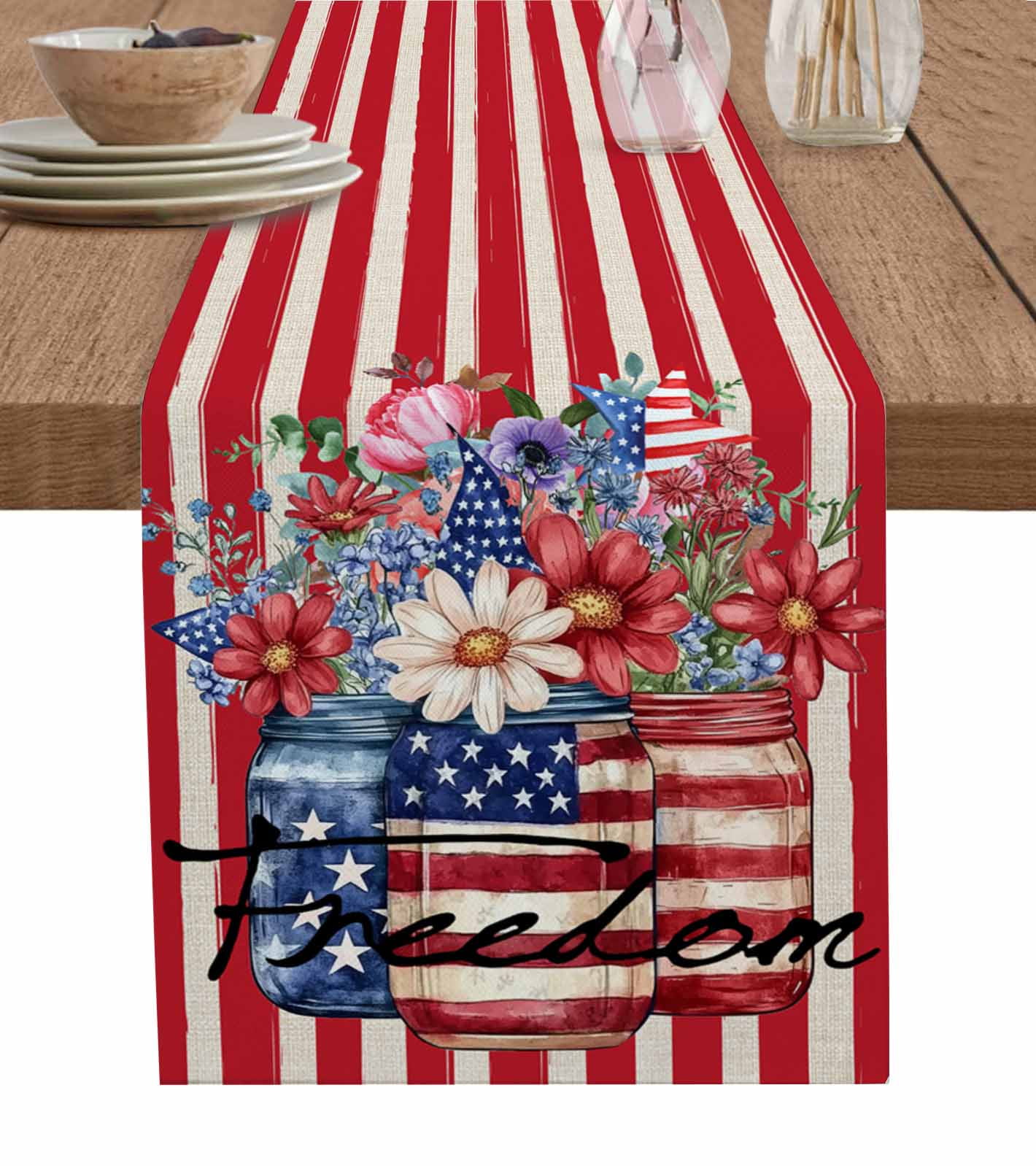 American Flag Table Runner 108 Inches, Red Stripe Blue Star Patriotic ...