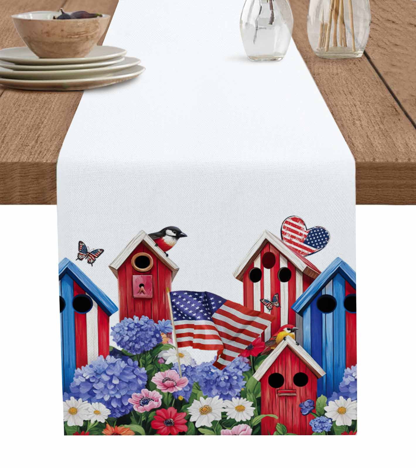 American Flag Table Runner 108 Inches, Spring Garden Floral Birds House ...