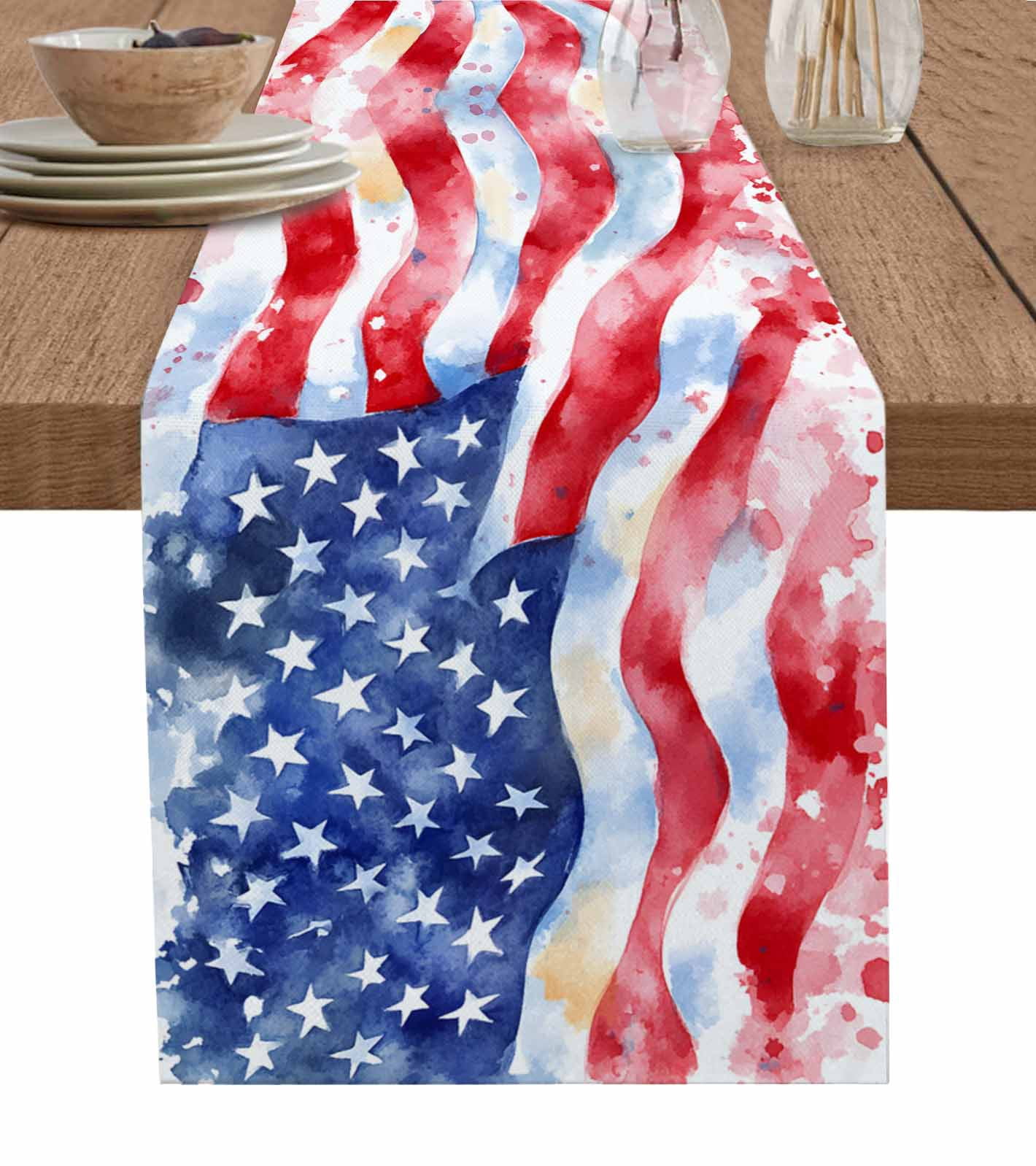 American Flag Table Runner 108 Inches, Watercolor Farmhouse USA Flag ...