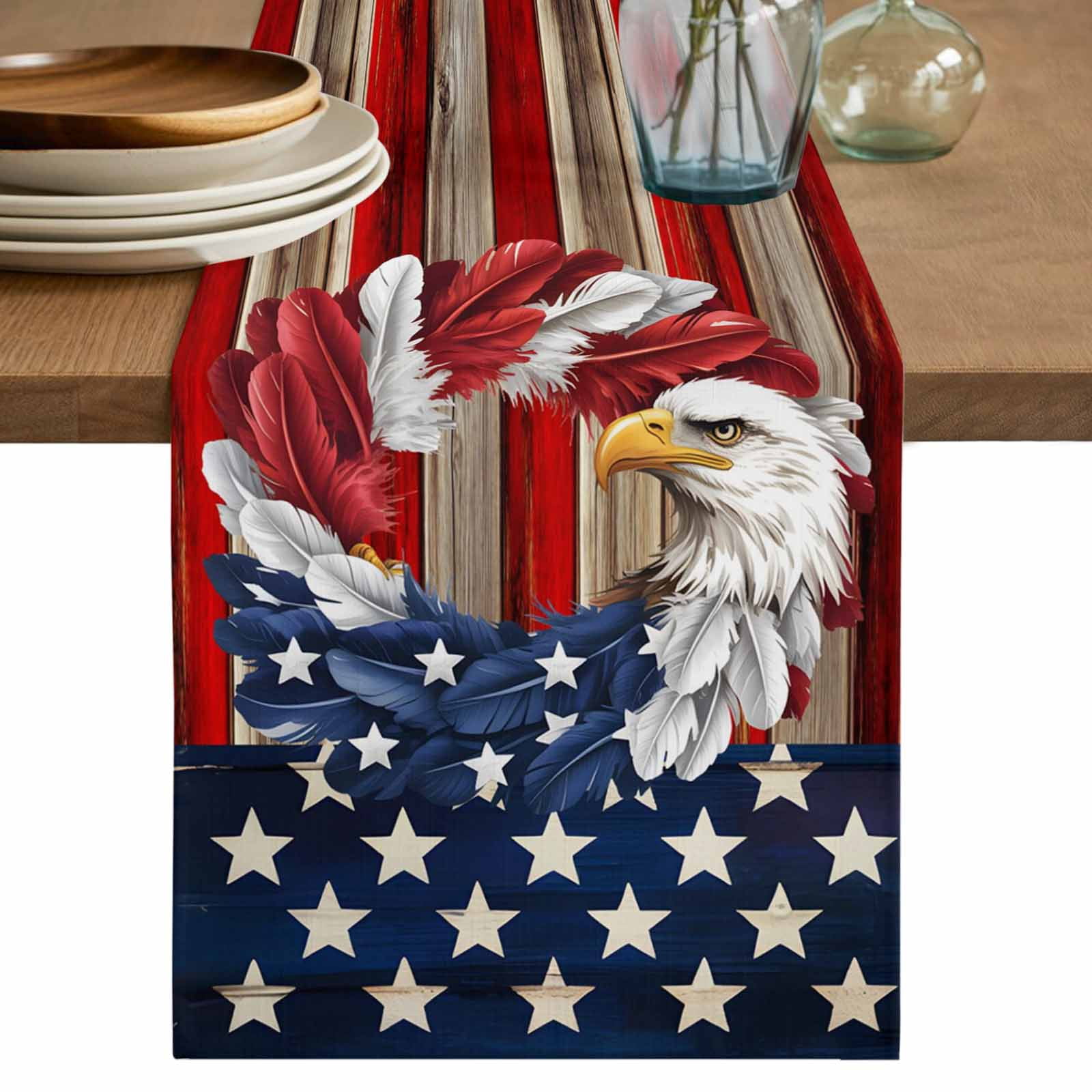 American Flag Table Runner 72 Inches, Blue Red USA Flag Eagle Wreath ...