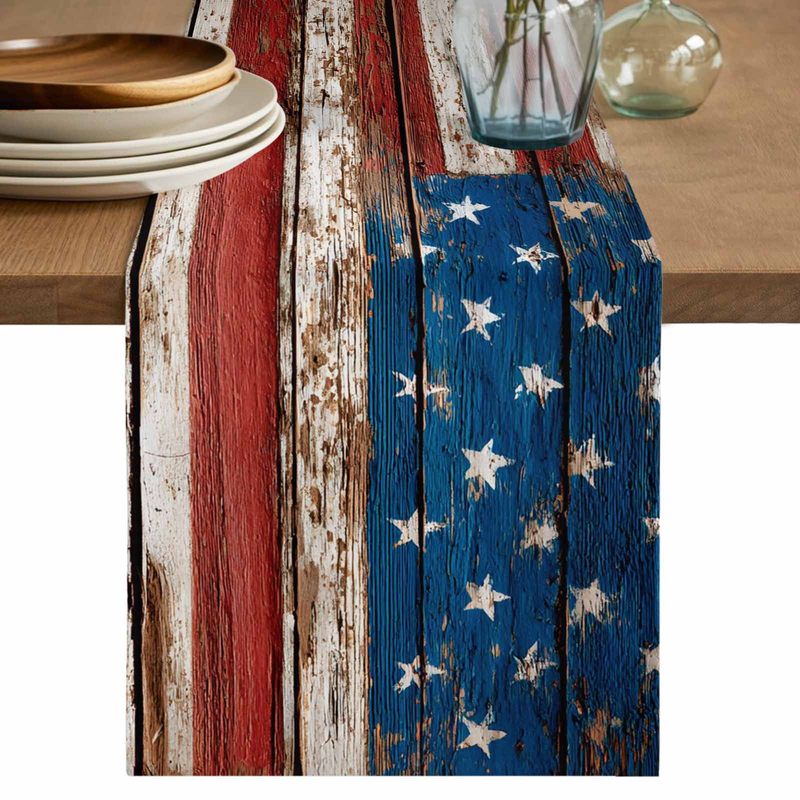 American Flag Table Runner 72 Inches, Blue Star Red Stripes Farmhouse ...