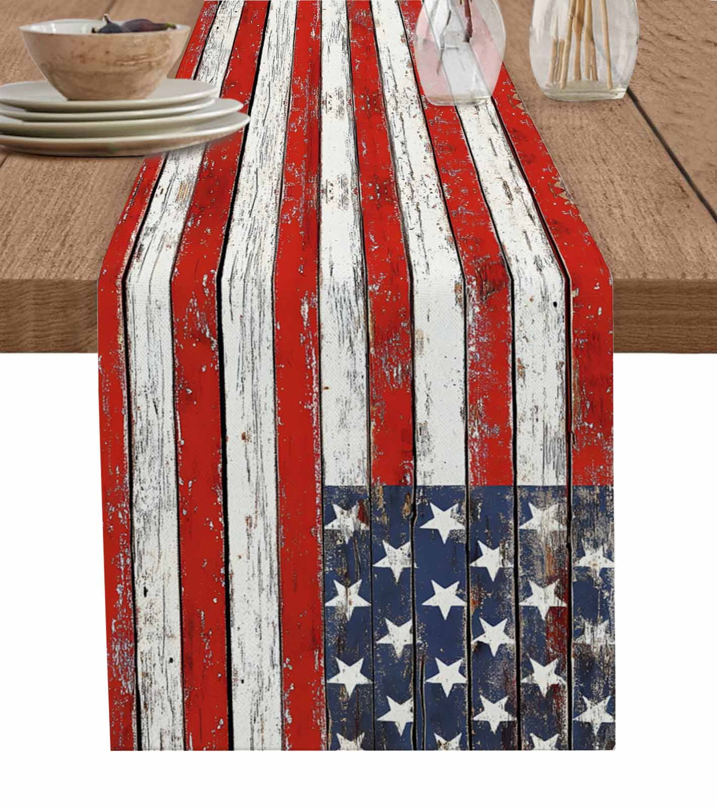 American Flag Table Runner 72 Inches, Red Blue Star Stripes Rustic ...