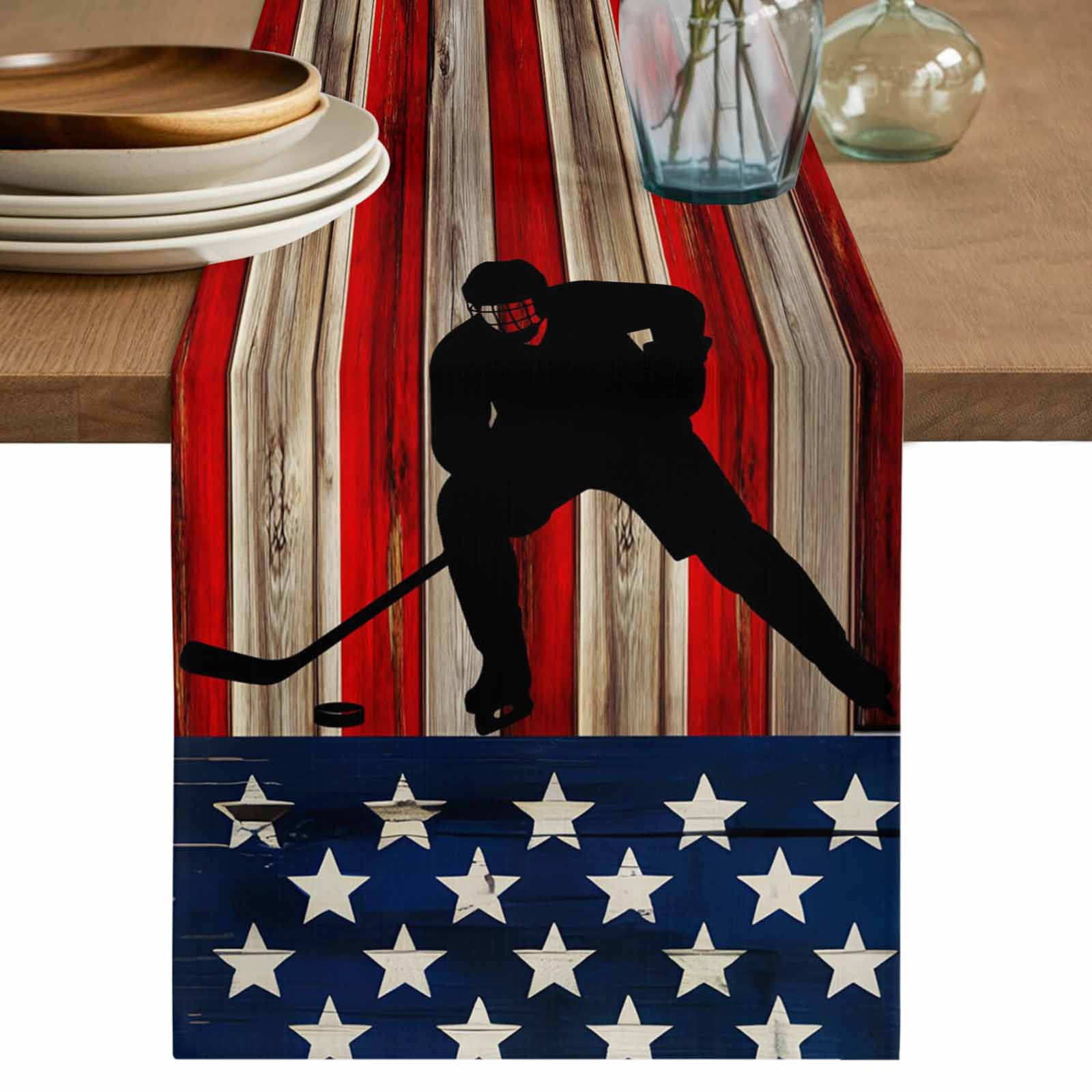 American Flag Table Runner 90 Inches, Blue Red USA Flag Retro Hockey ...
