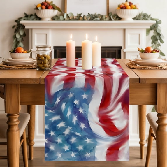 American Flag Table Runner, Abstract Swirling Watercolor USA Flag ...