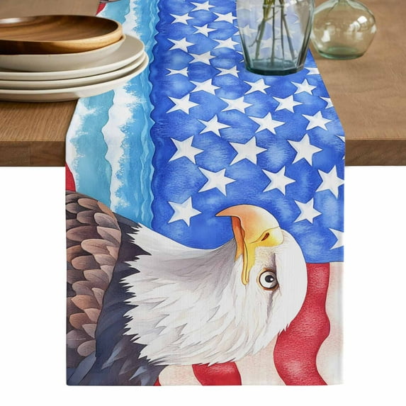 American Flag Table Runner, Country Eagle Independence Day Blue Red ...