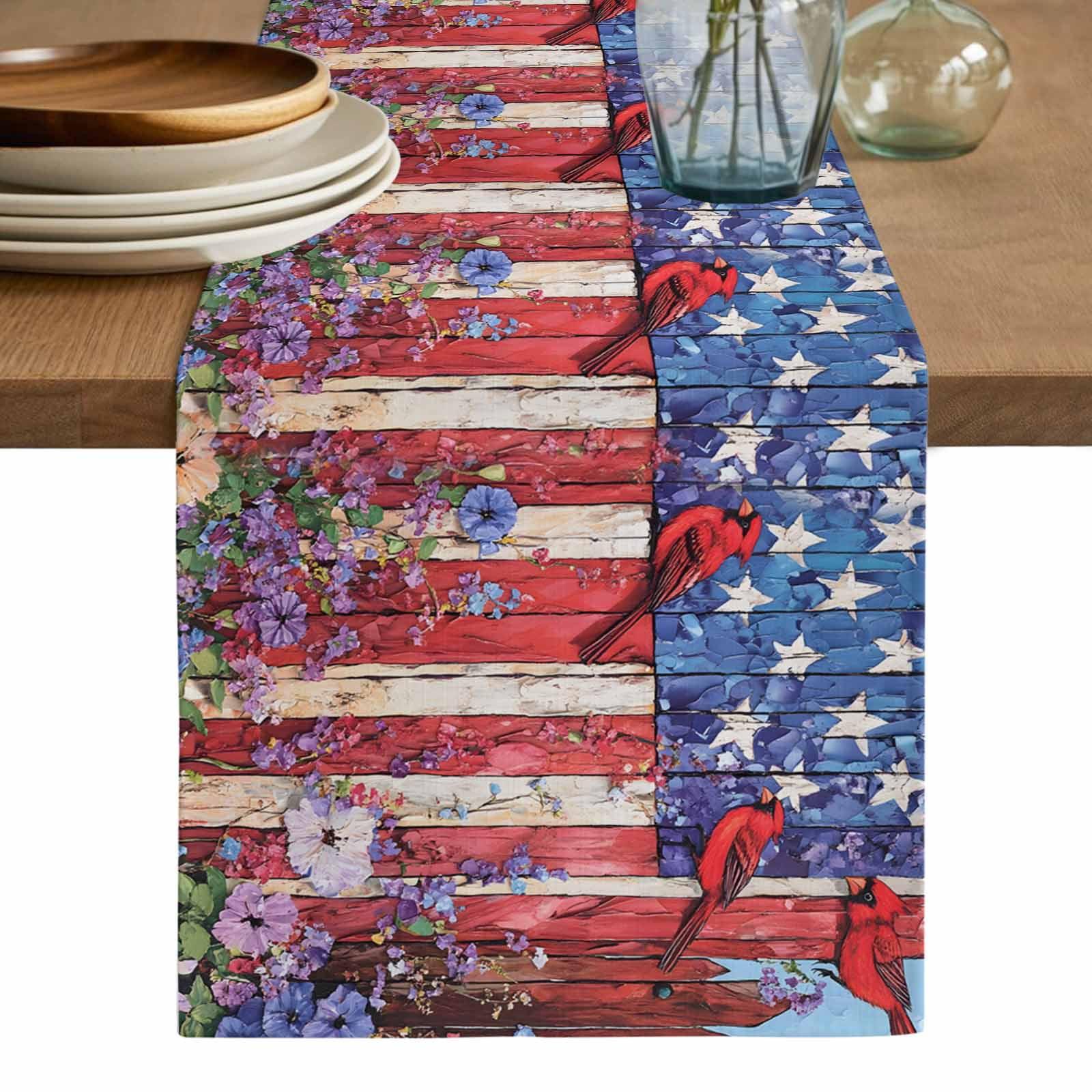 American Flag Table Runner, Red Blue Star Stripe Patriotic Floral Bird ...