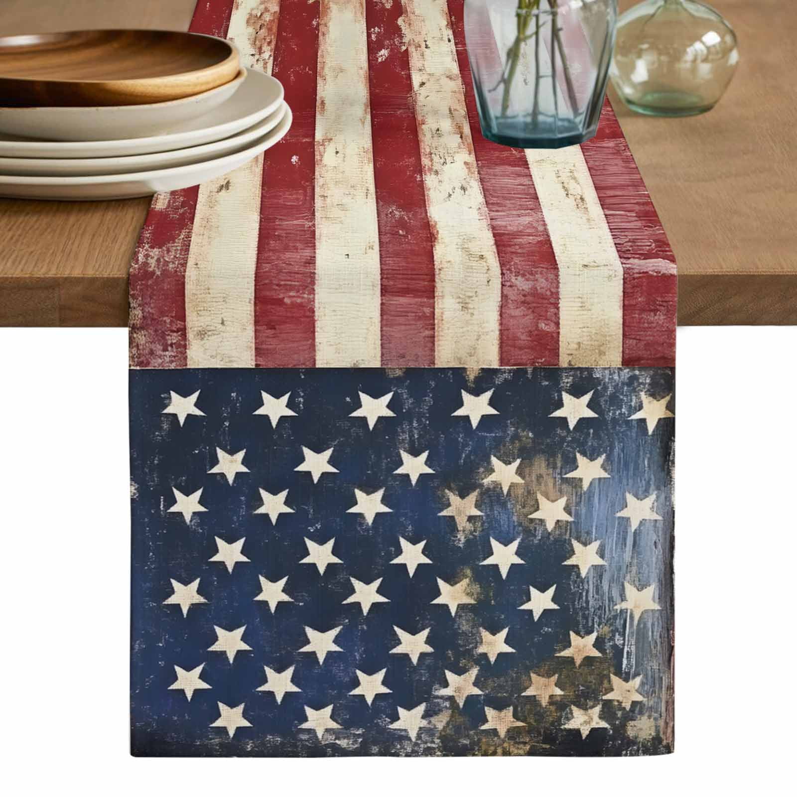 American Flag Table Runner, Vintage Blue Red USA Flag Retro Washable ...