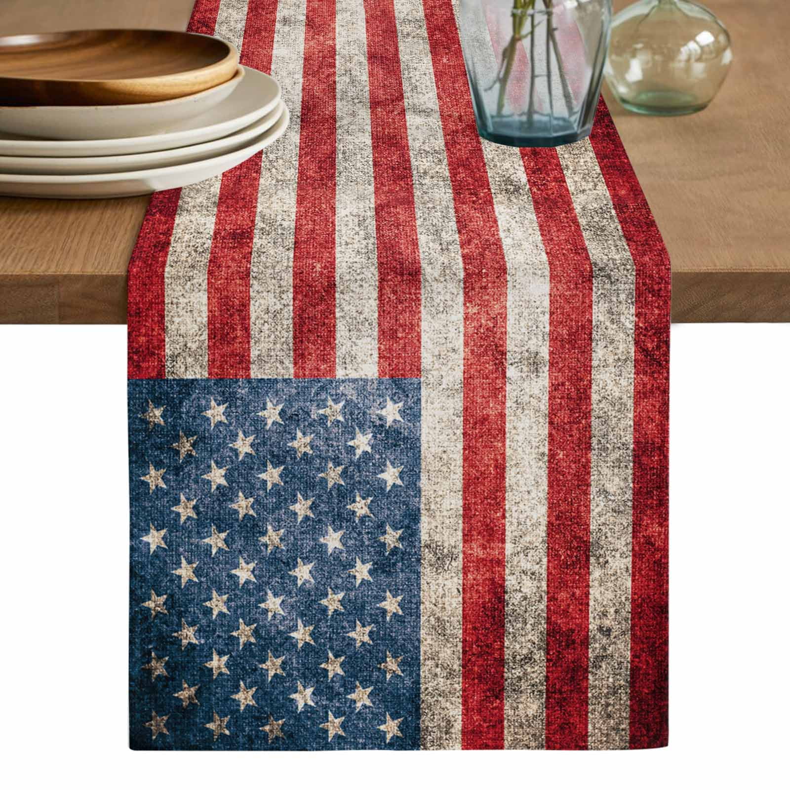 American Flag Table Runner, Vintage Blue Red USA Flag Washable Cotton ...