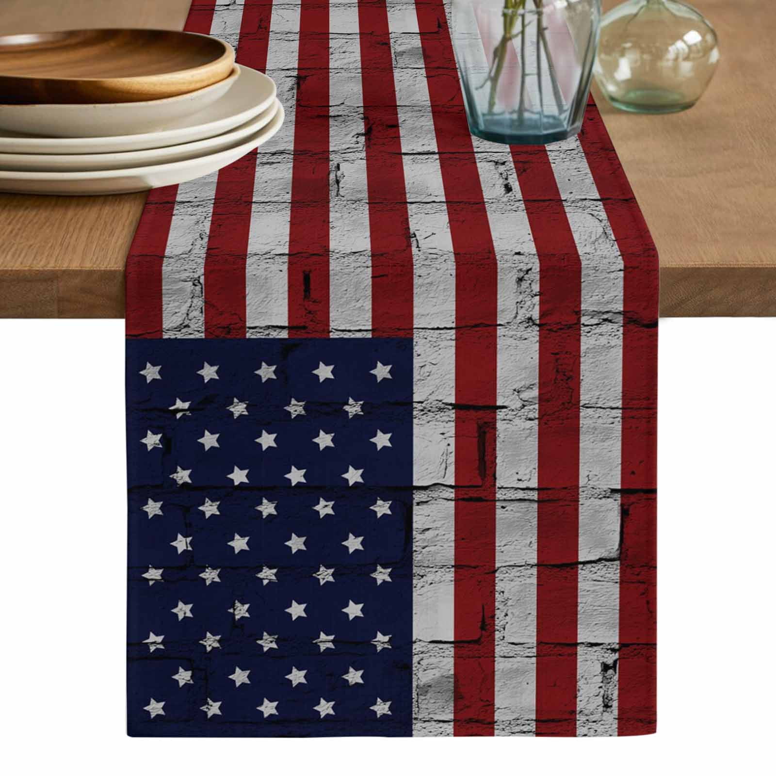 American Flag Table Runner, Vintage Brick Wall Star Striped Red Blue ...
