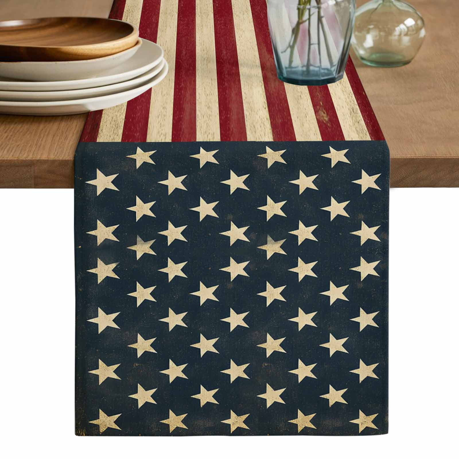 American Flag Table Runner, Vintage Red BlueUSA Flag Washable Cotton ...
