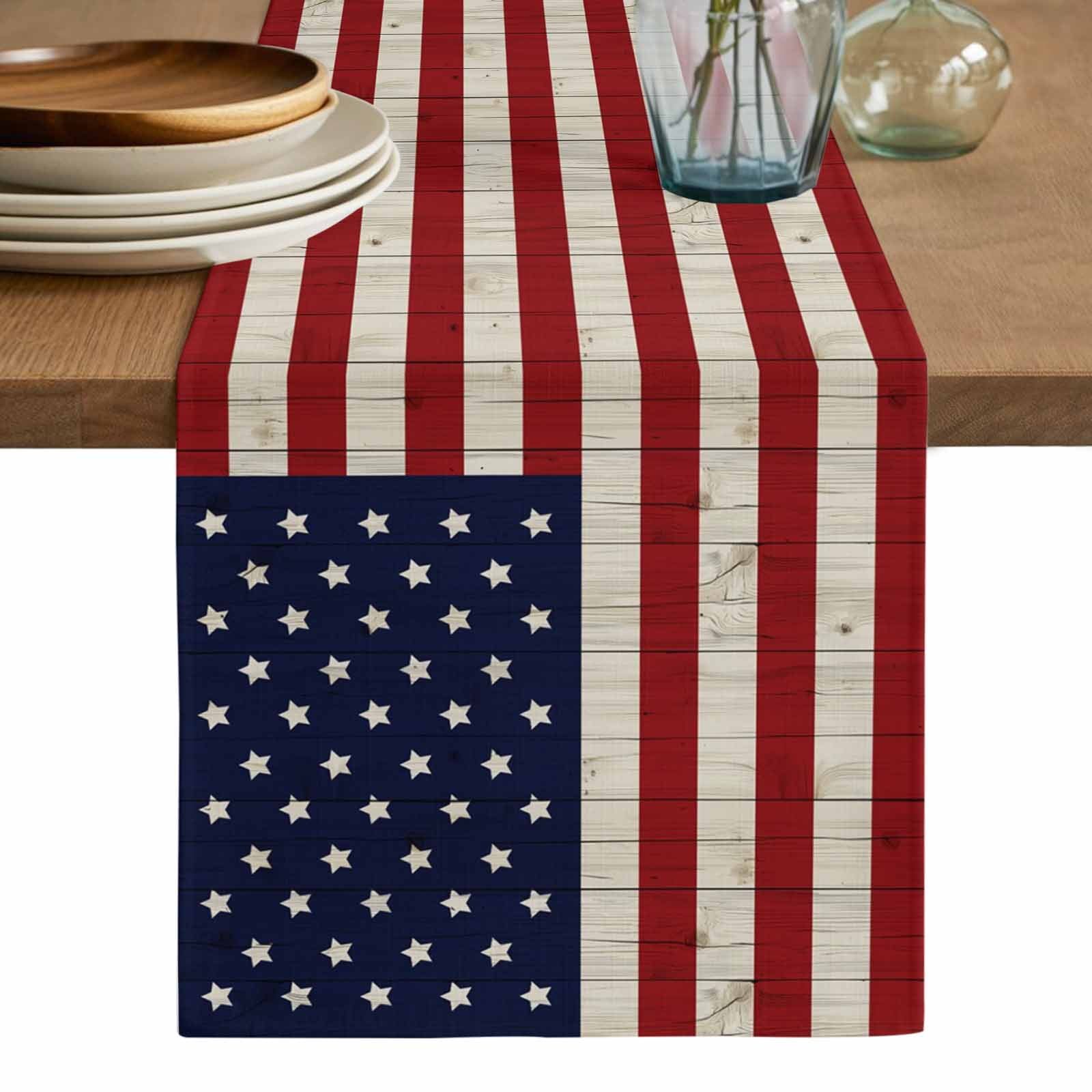 American Flag Table Runner, Vintage Wooden Star Striped Red Blue ...