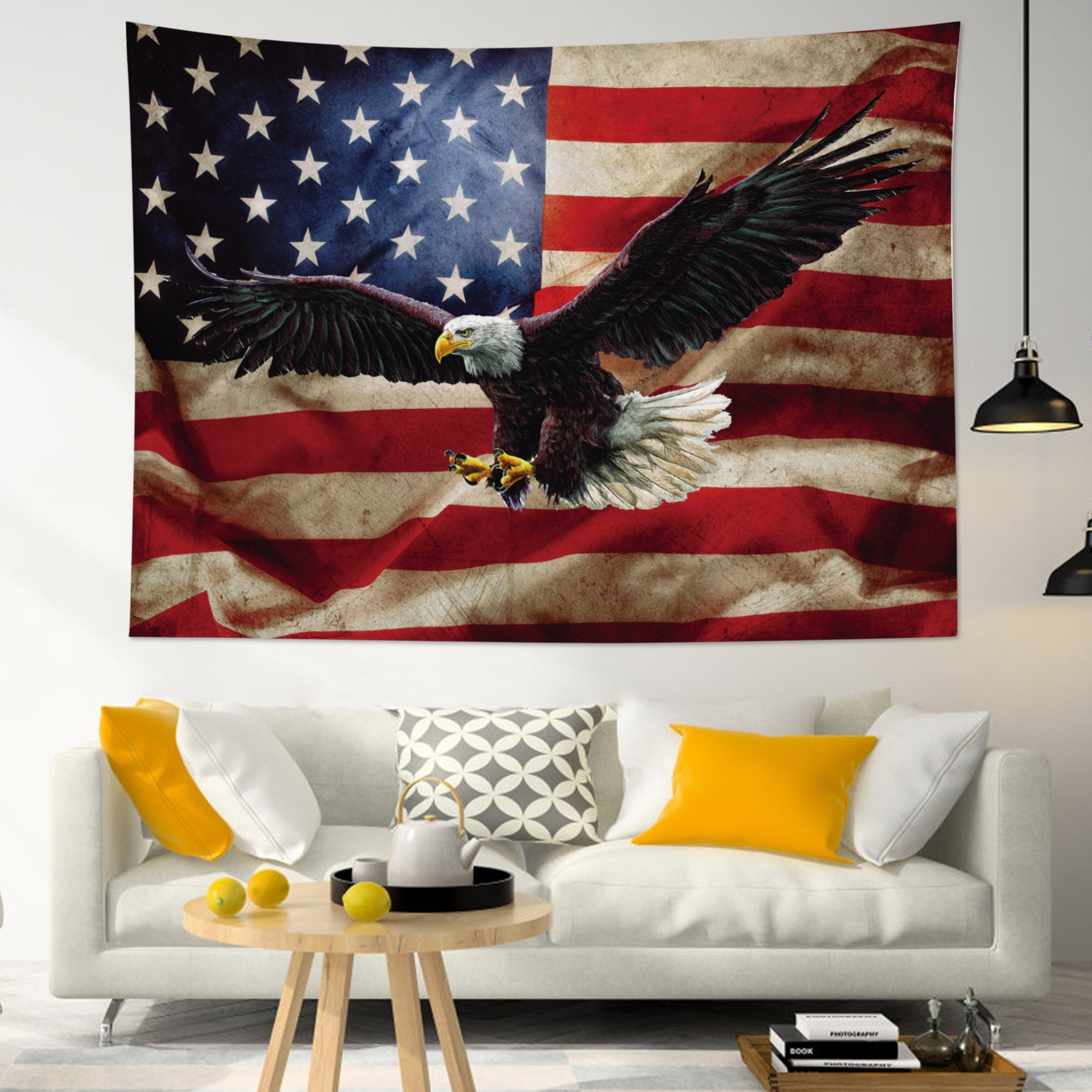 American Flag Tapestry Bald Eagle in Center of Retro Red White and Star ...