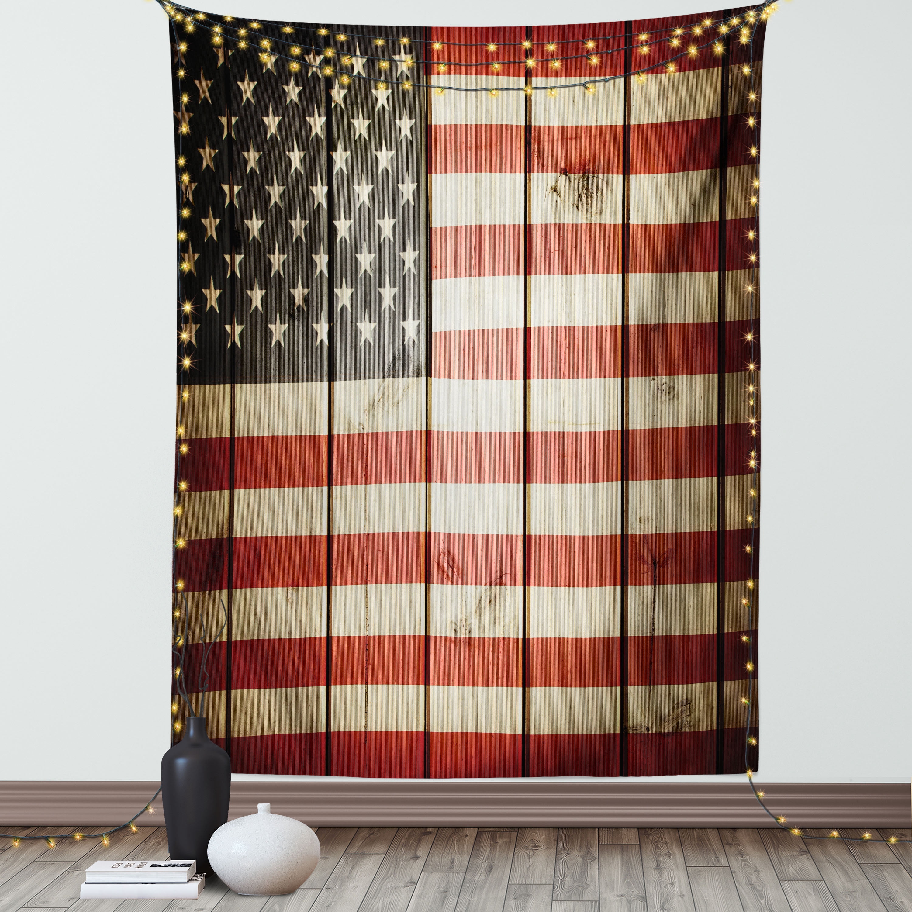 American Flag Tapestry, Usa Flag over Vertical Striped Wooden Board ...