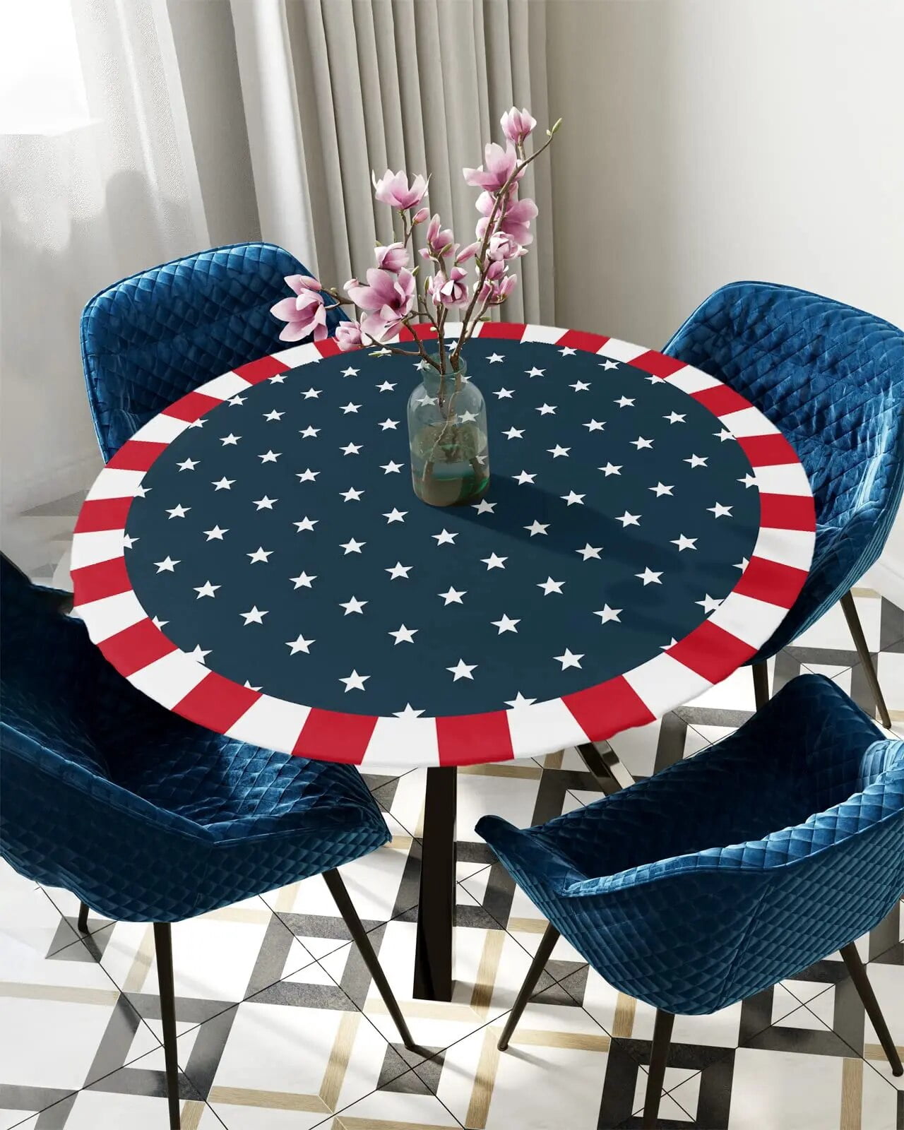 American Flag Theme Round Tablecloth Fitted Elastic Waterproof Table ...
