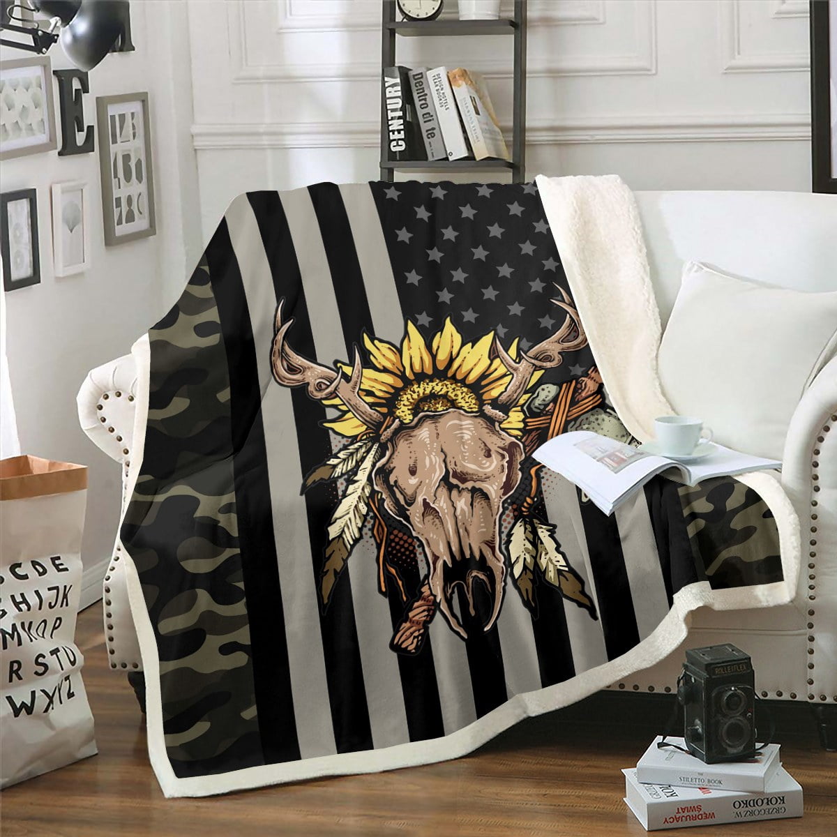 American Flag Throw Blanket Deer Antlers Throw Fleece Blanket for Boys ...