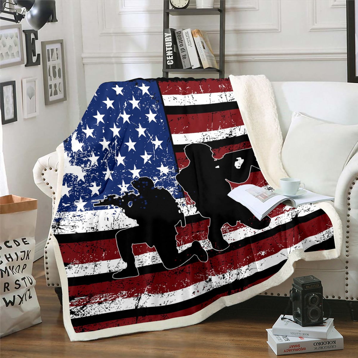 American Flag Throw Blanket Vintage Army Soldier Silhouette Fleece ...