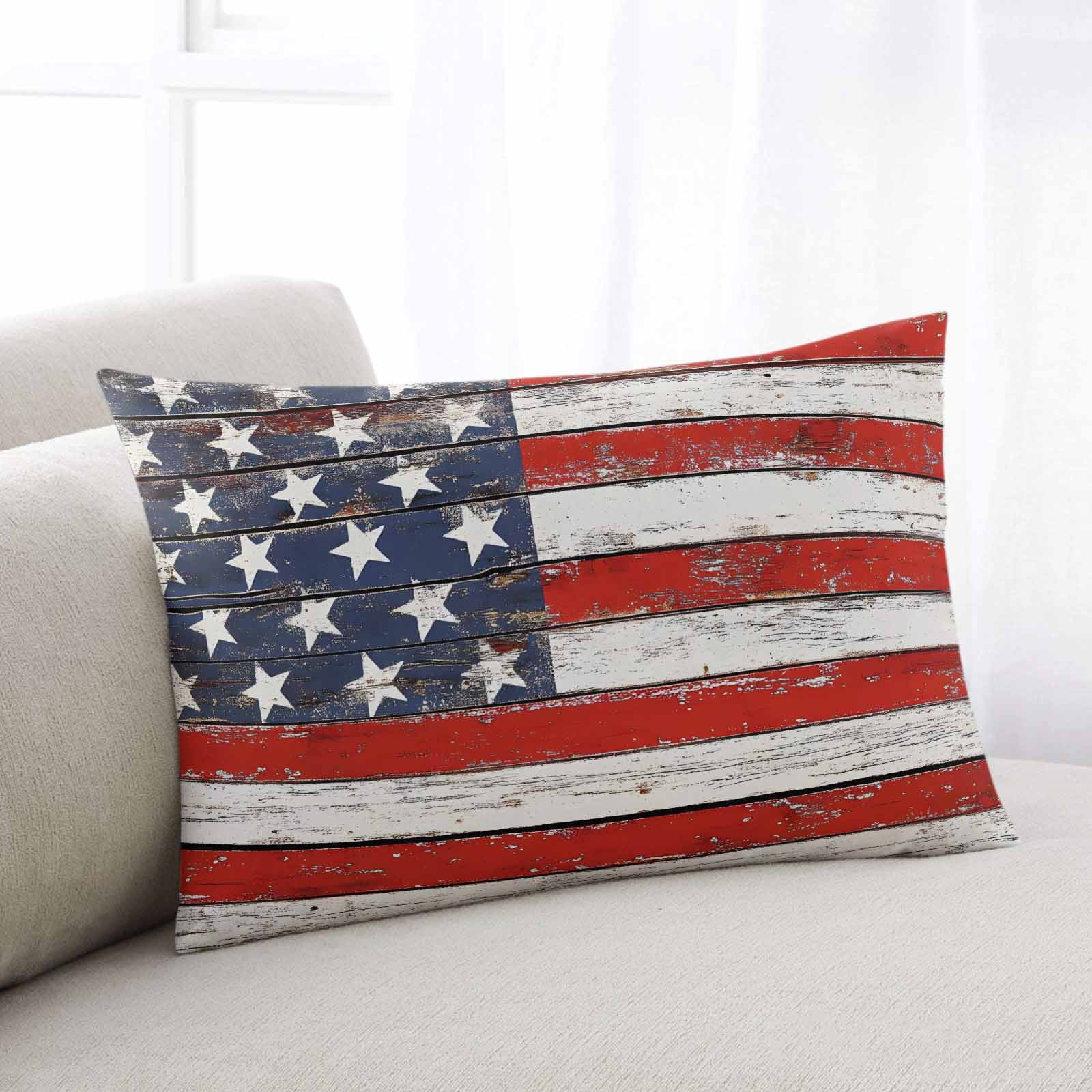 American Flag Throw Pillow Covers, Red Blue Star Stripes Rustic ...