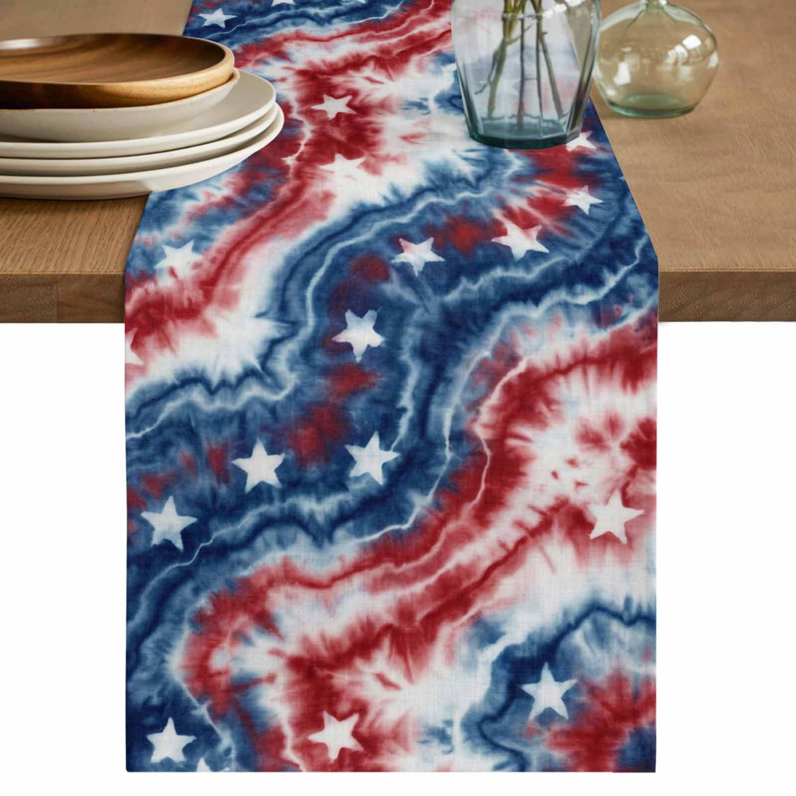 American Flag Tie-dye Table Runner 72 Inches, Blue Red Ombre Abstract ...