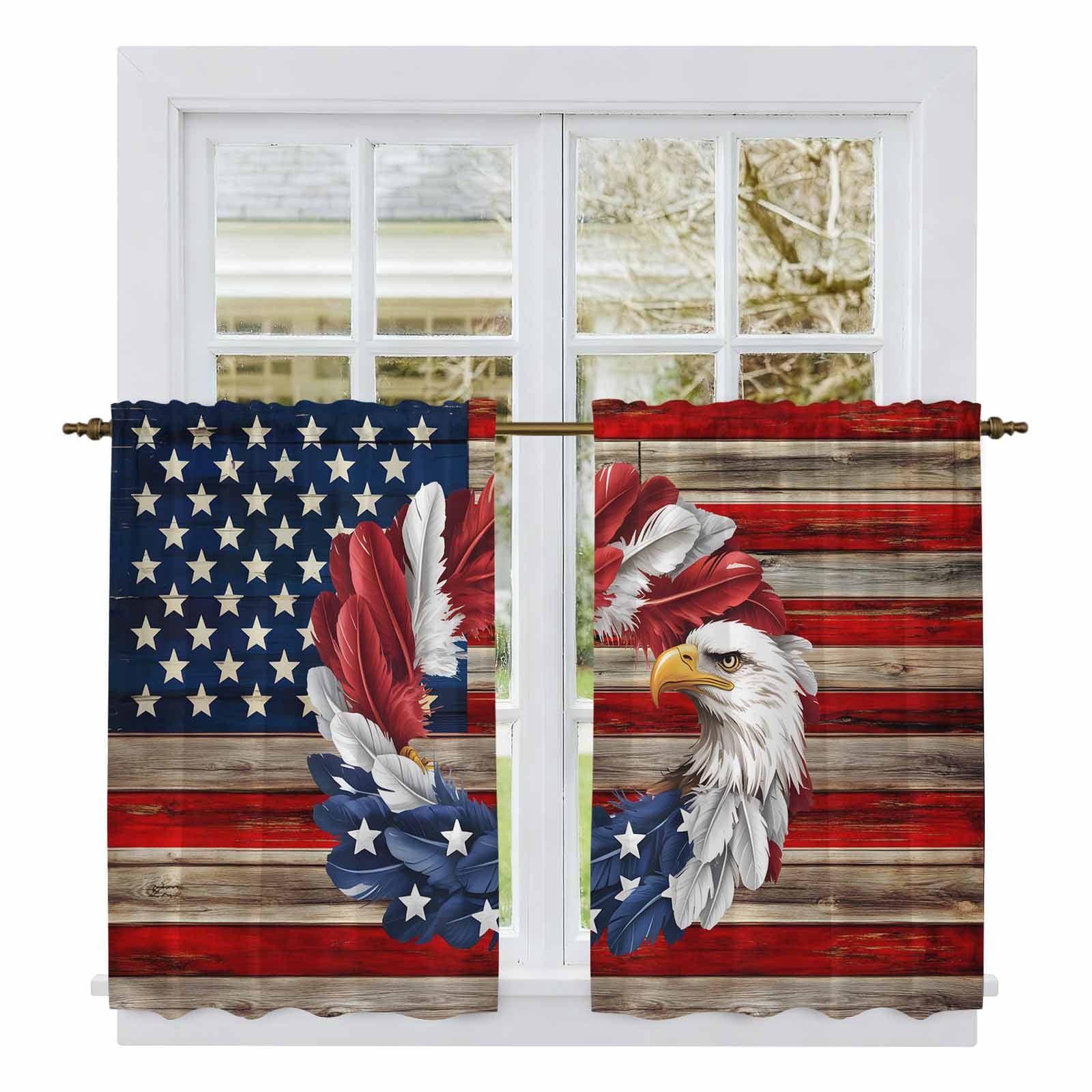 American Flag Tier Curtains, Blue Red USA Flag Eagle Wreath Light ...