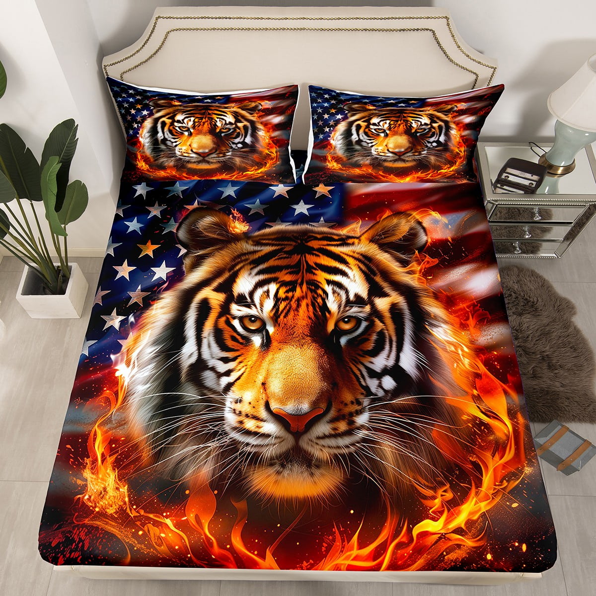 American Flag Tiger Bed Sheets Twin Size 3D Animal Tiger Fitted Sheet ...