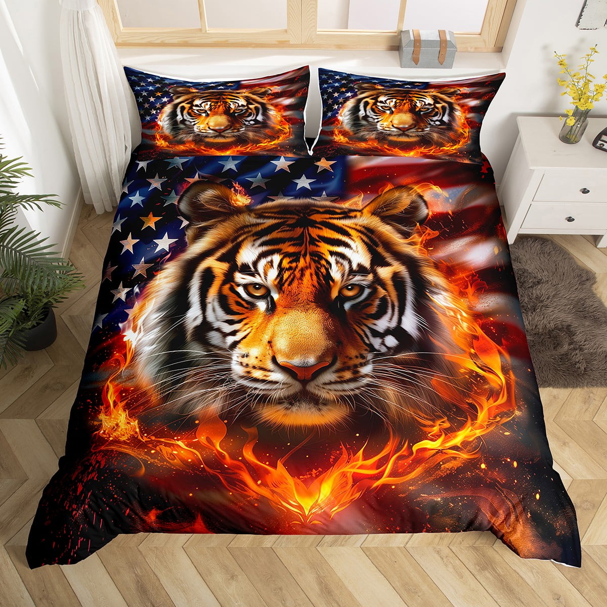American Flag Tiger Bedding Sets Twin Size 3D Animal Tiger Duvet Cover ...