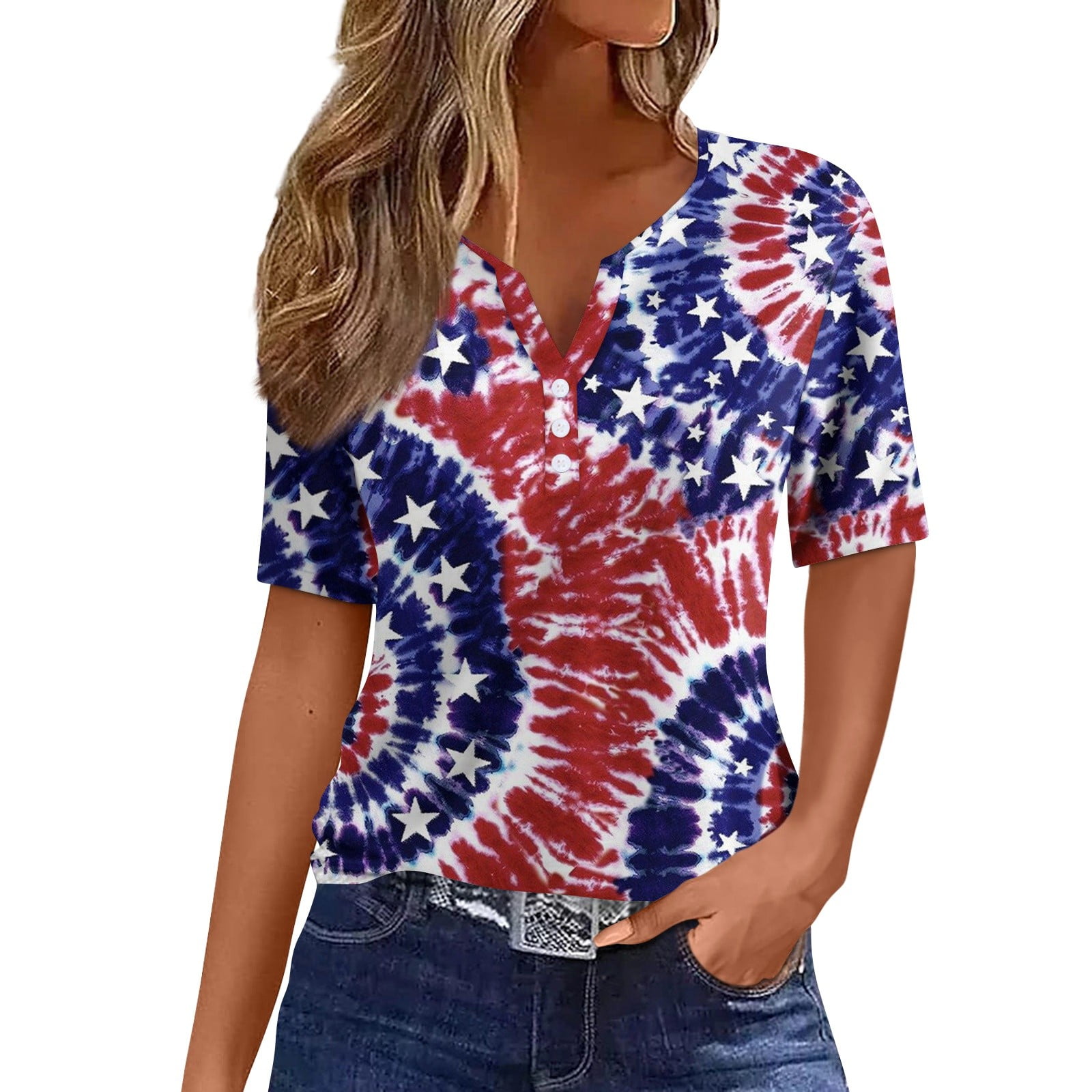 American Flag Tops for Woman Short Sleeve Cotton Shirts Buttons Casual ...