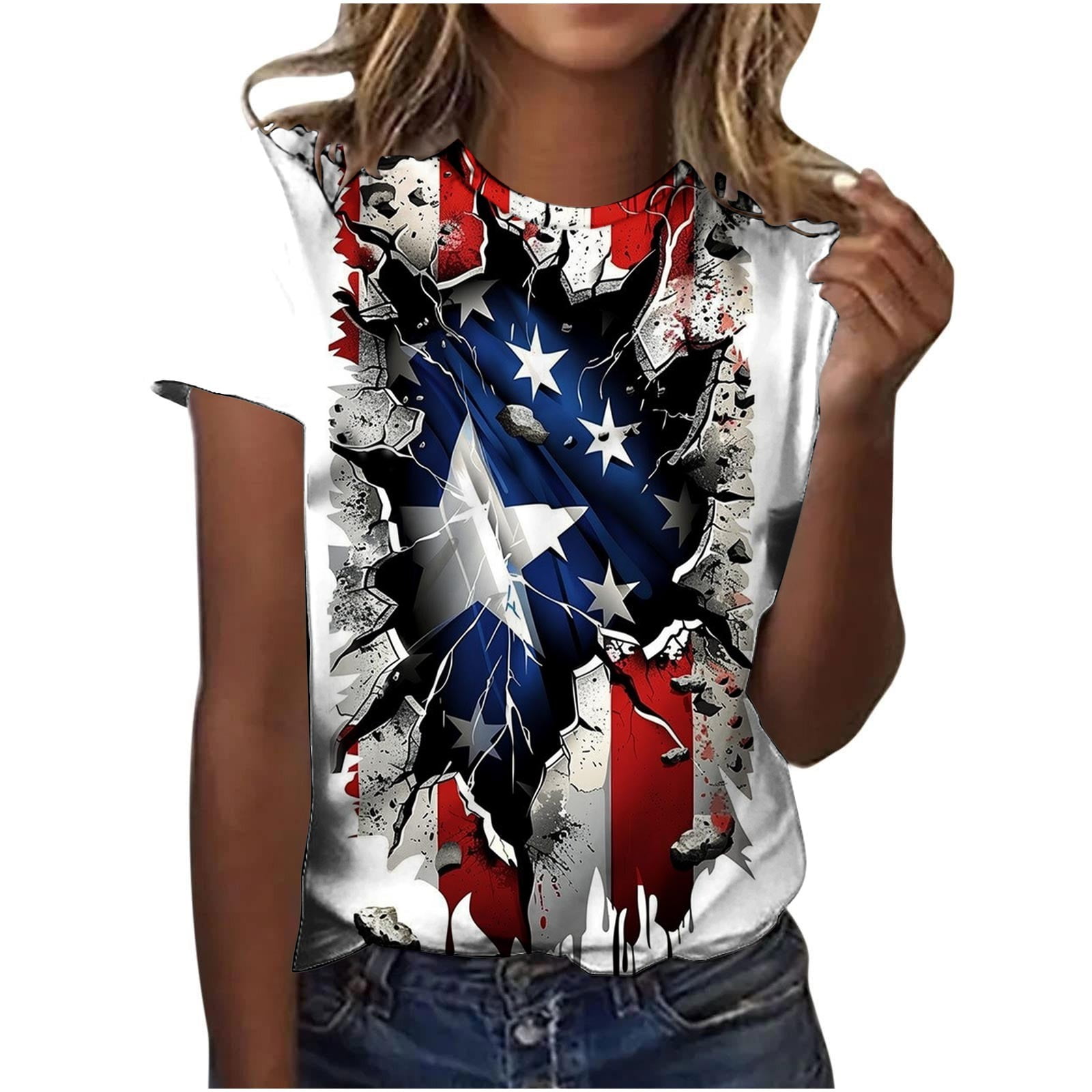 American Flag Tops Womens 4th of July T Shirt USA Star Stripes Tee Shirts Casual Plus Size Short ...