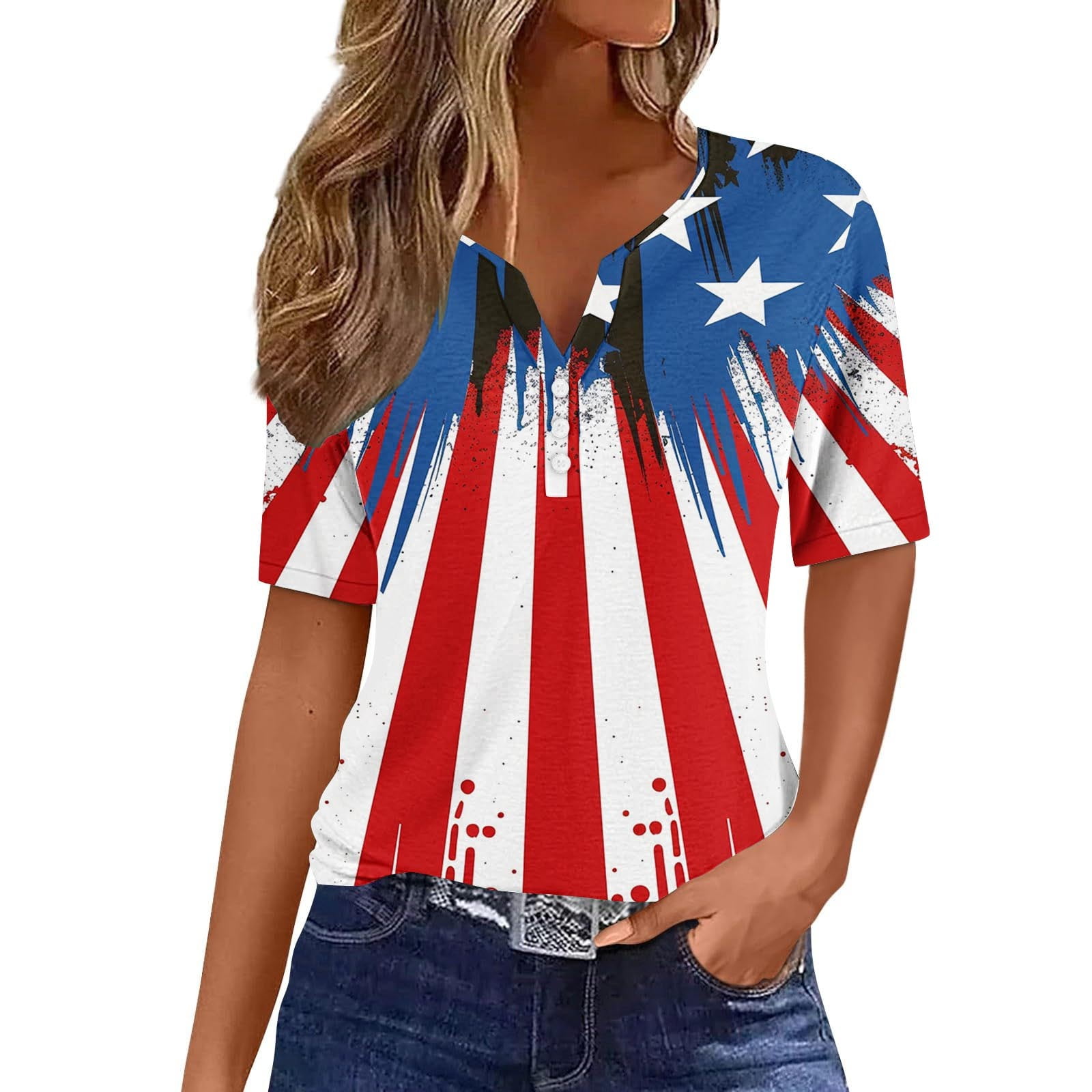American Flag Tops Womens Button V Neck Short Sleeve Shirts Independence Day Patriotic Tee Shirt ...