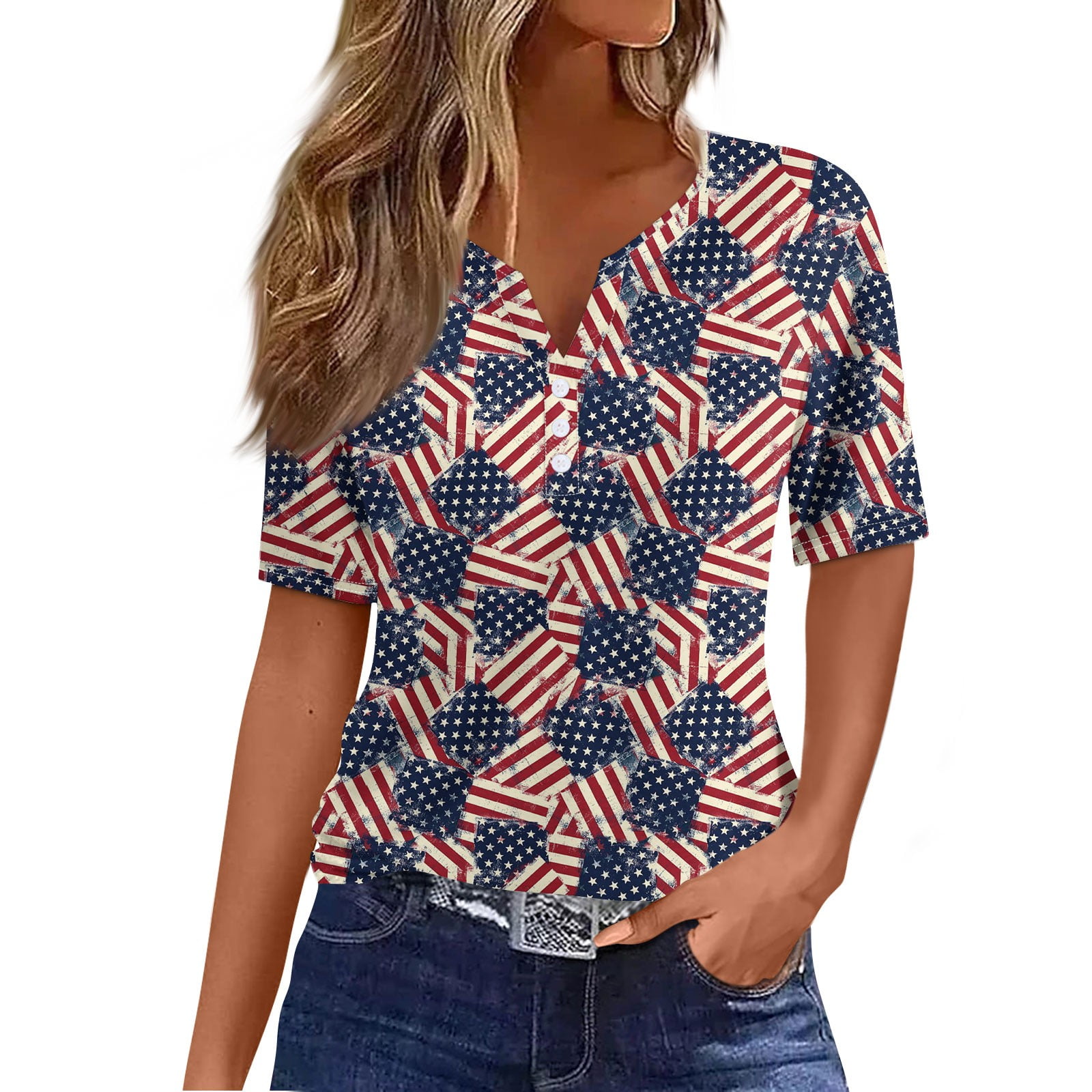 American Flag Tops Y2K USA Flag Star Stripes Print Buttons Dressy Tops ...