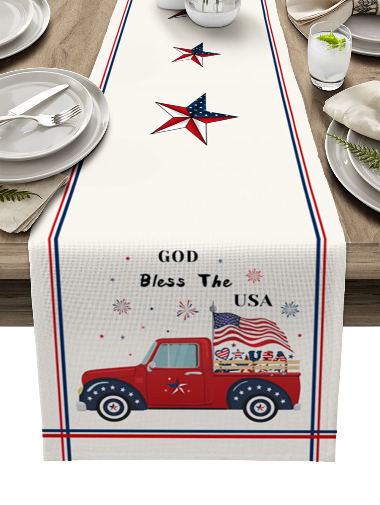 American Flag Truck Celebration Table Runner 108 Inches, Flag Day Beige ...