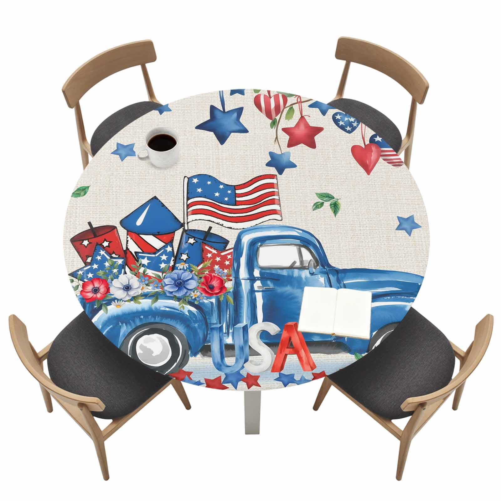 American Flag Truck Round Fitted Tablecloth with Elastic Edge ...