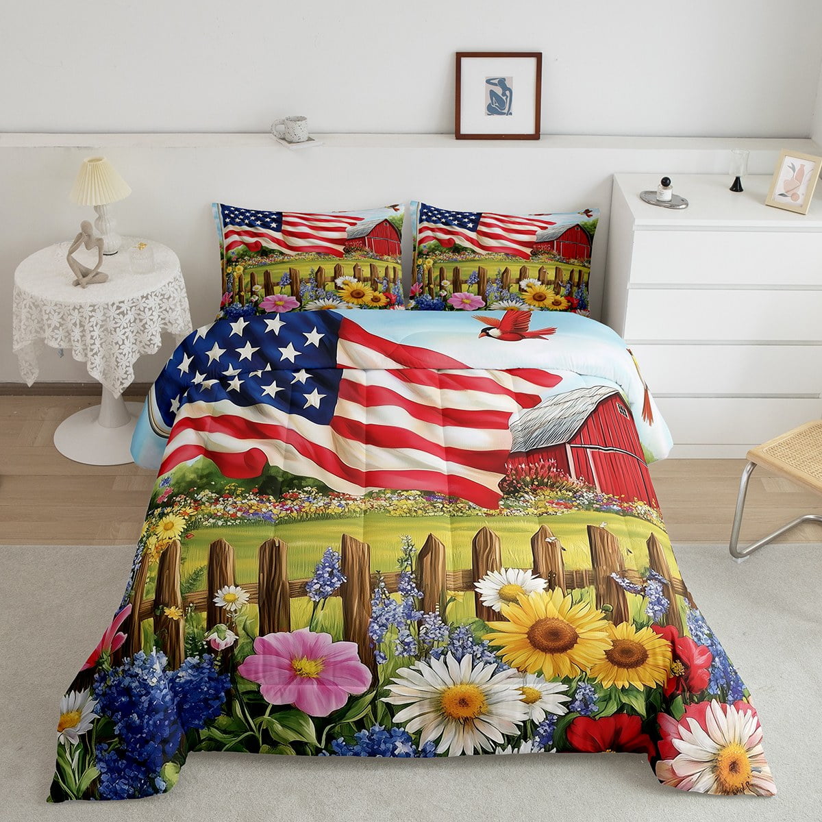 American Flag Twin Size Comforter Set for All Seasons,Rustic Farmhouse ...