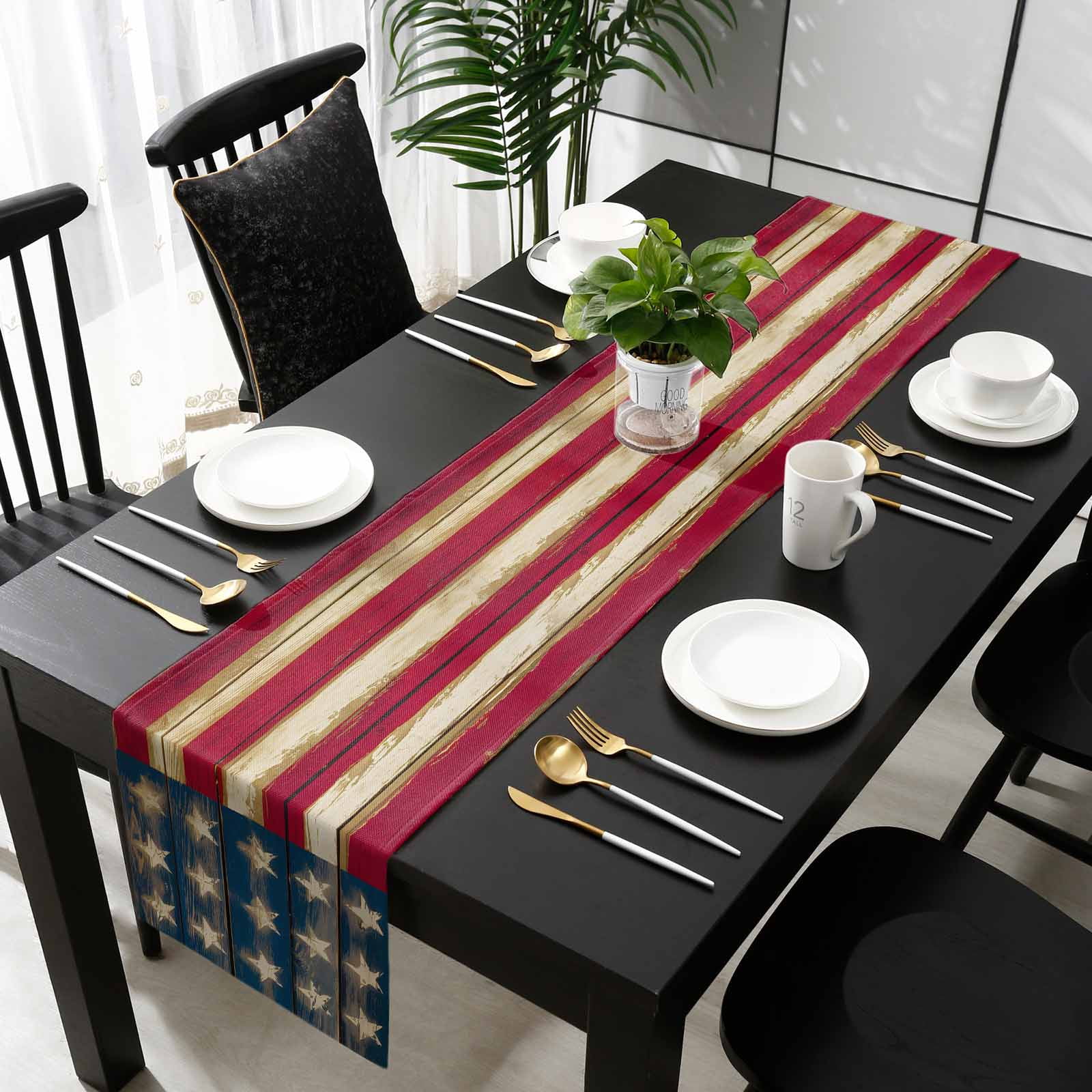 American Flag Vintage Cotton Linen Table Runner 13 x 90 inch Brown Red Stripes US Flag Non-slip ...