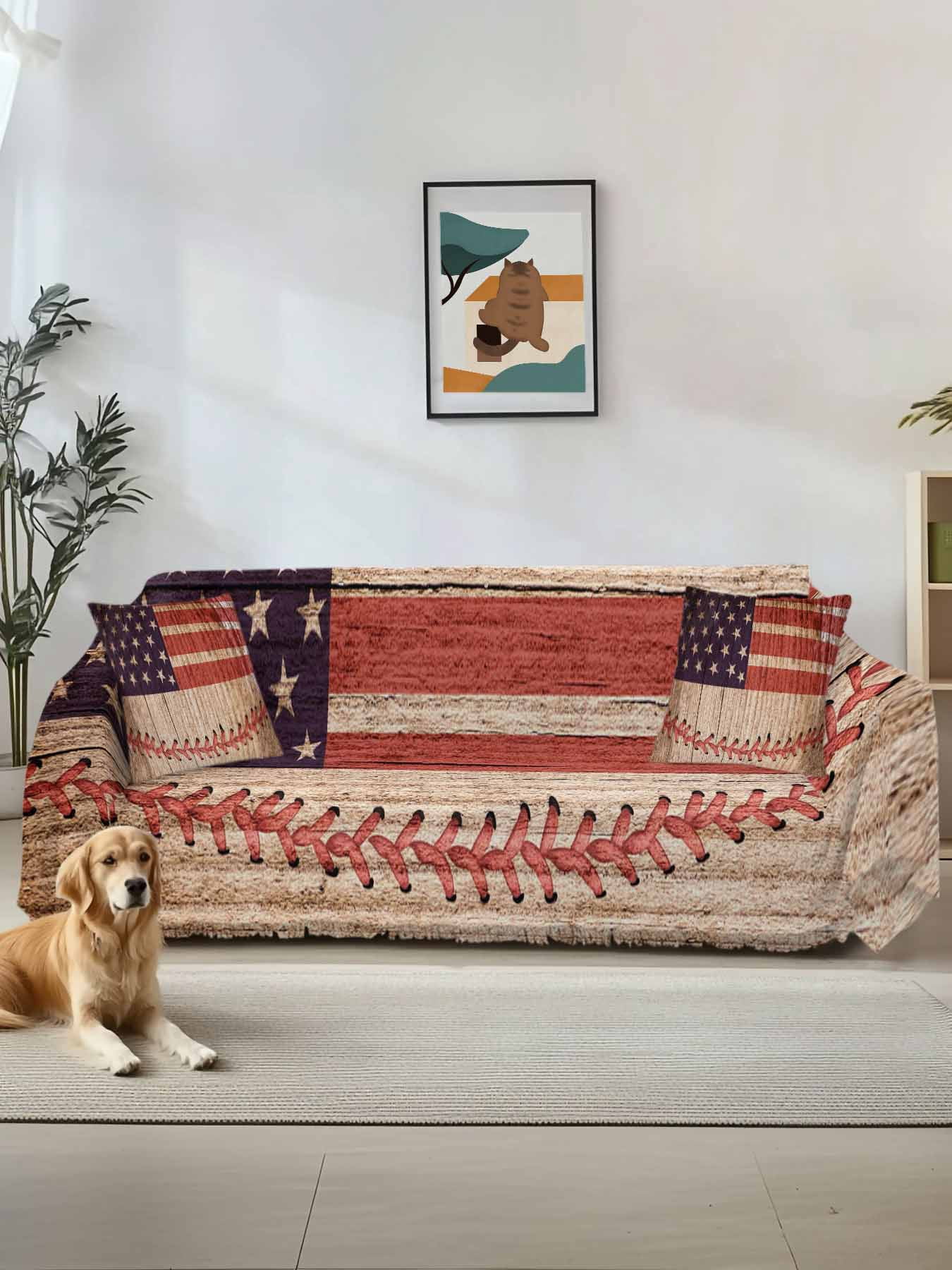 American Flag Vintage Couch Cover, Farmhouse Baseball Blue Red Sofa ...