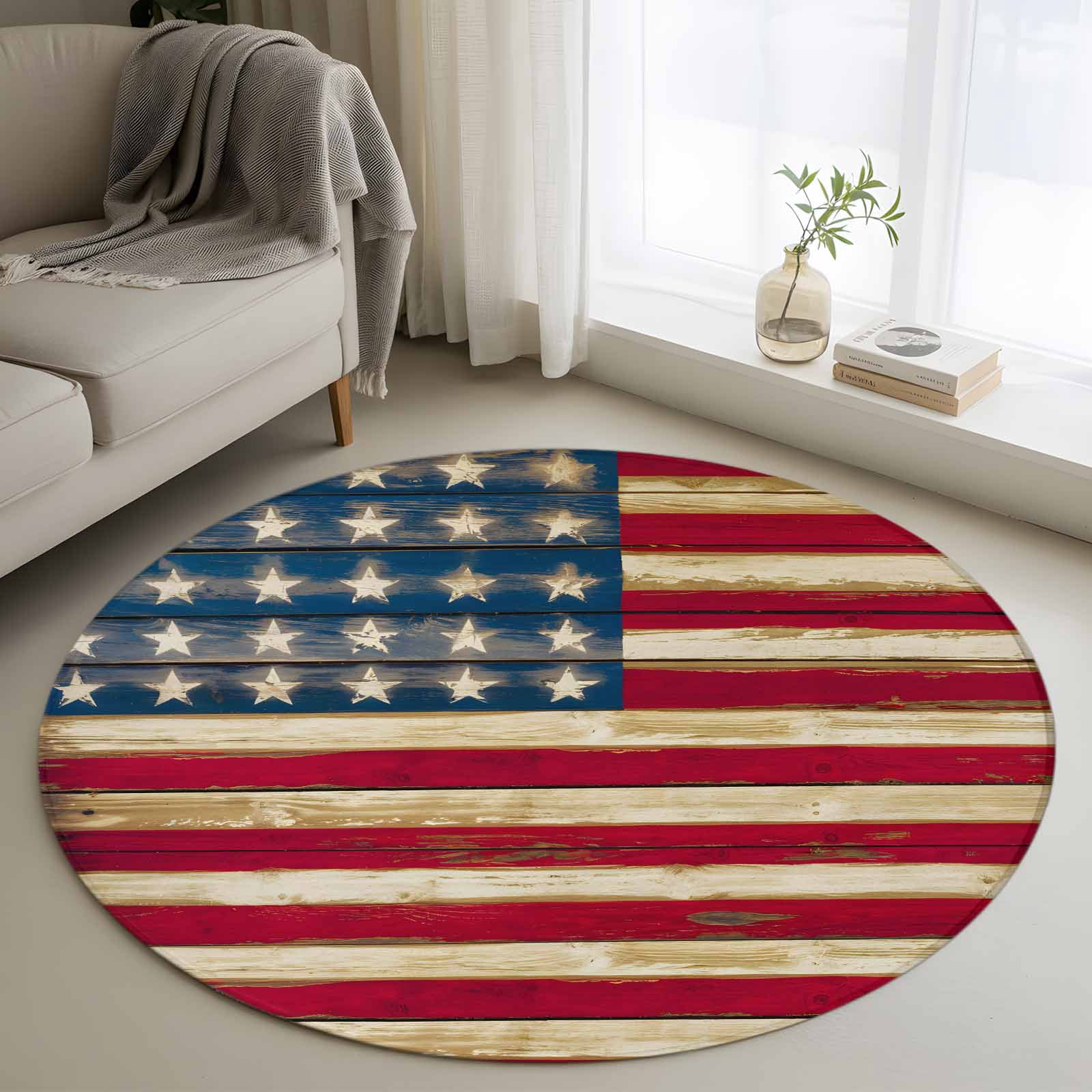 American Flag Vintage Round Area Rug 4 FT, Non Slip Indoor Outdoor Rug ...